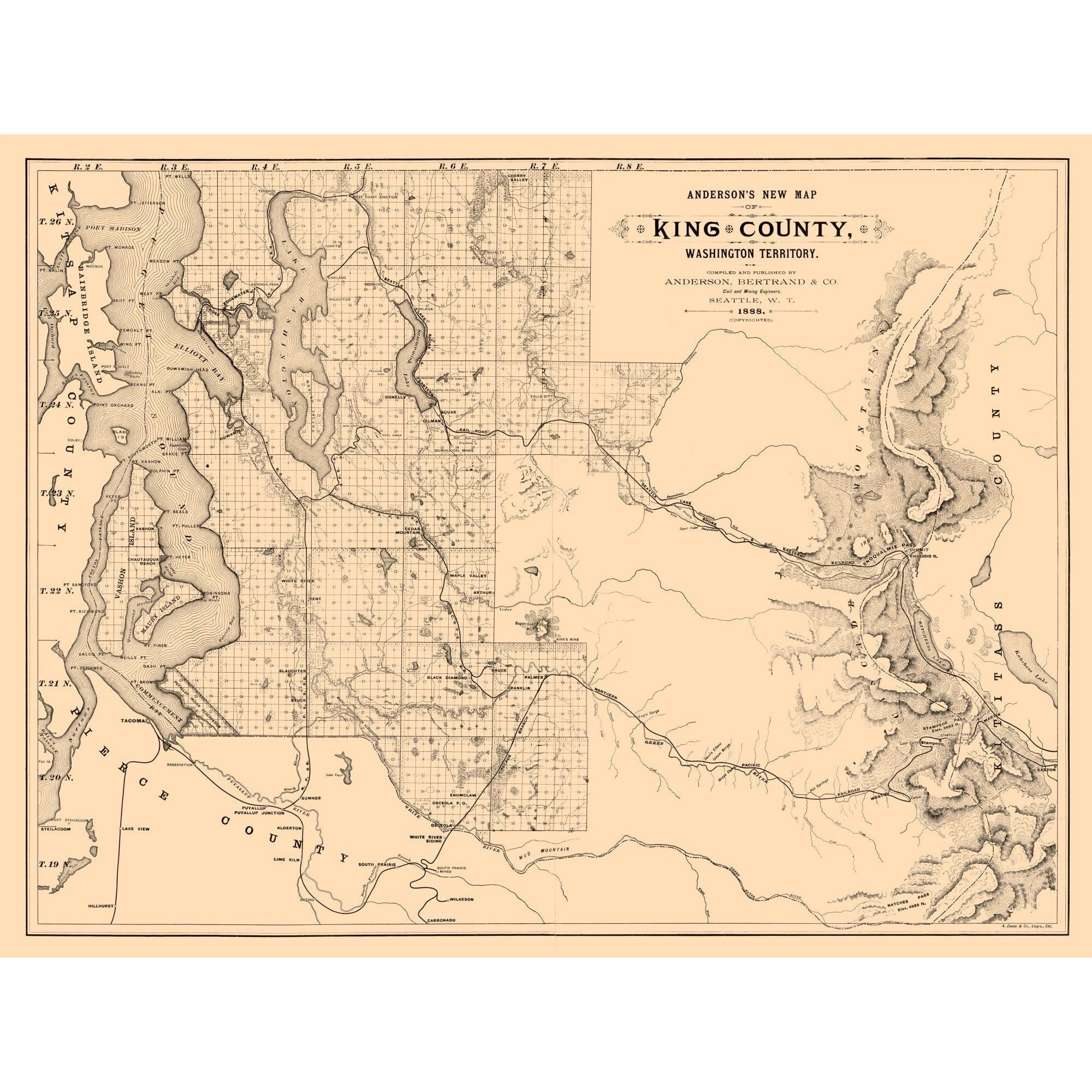 Historic County Map - King County Washington - Anderson 1888 - 30.51 x ...