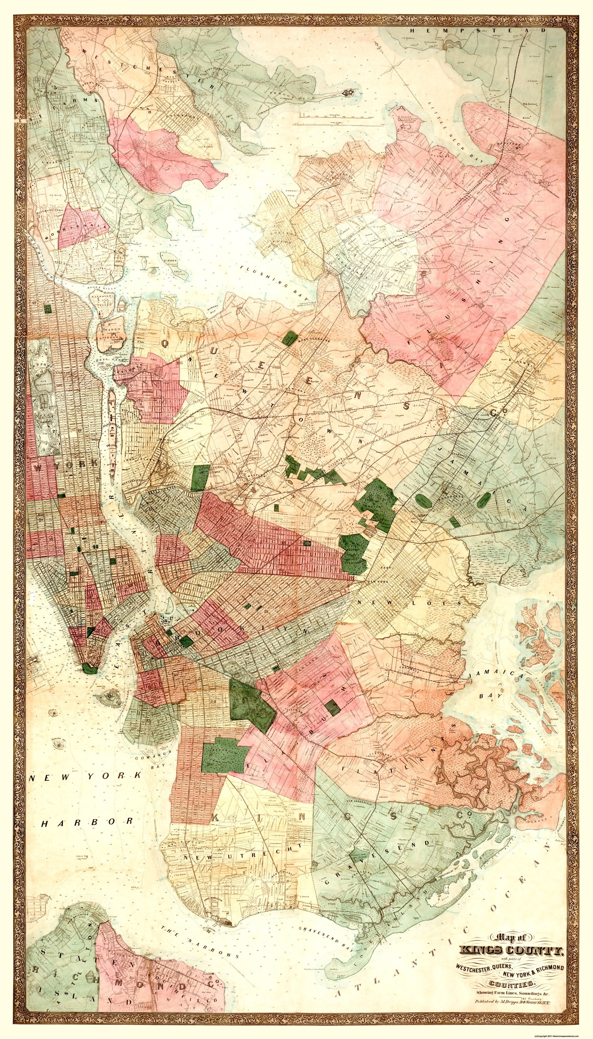 Historic County Map - Kings County New York - Dripps 1890 - 23 x 40.25 ...