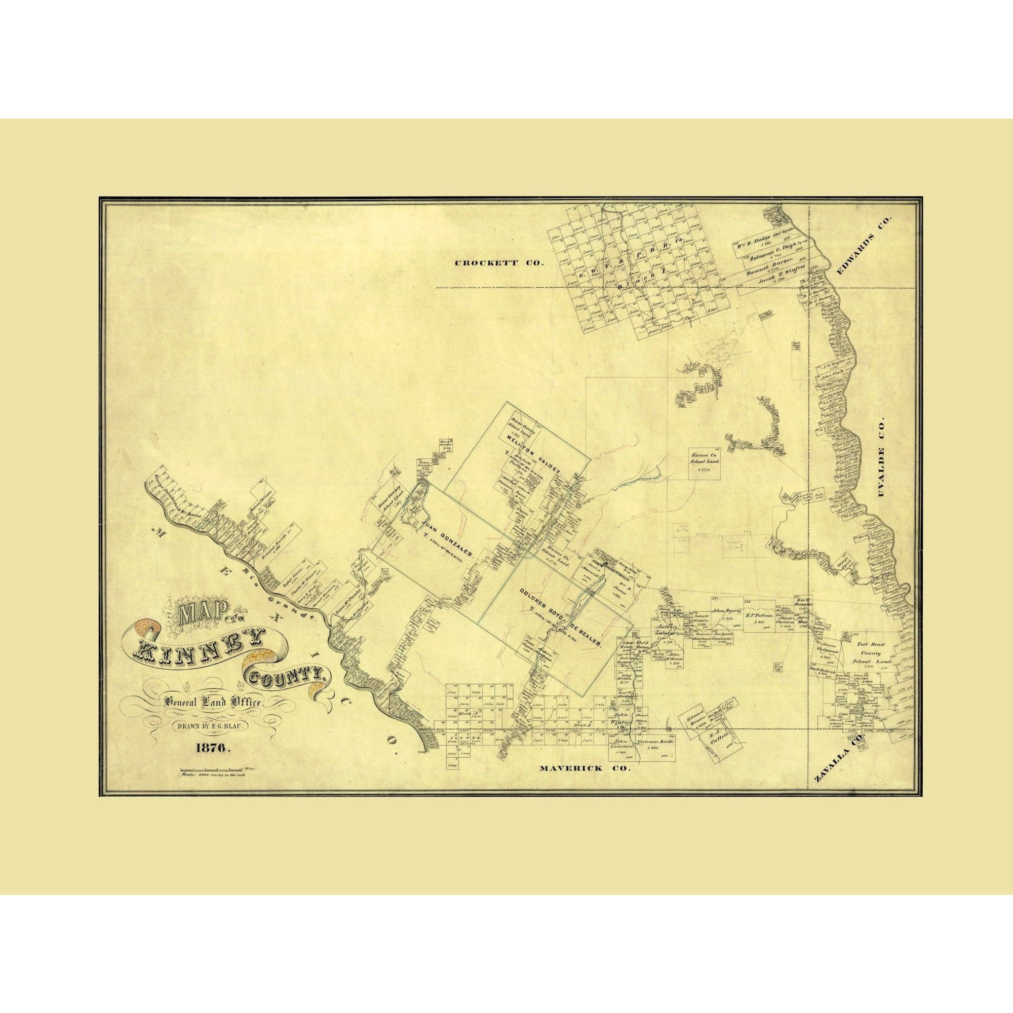 Historic County Map - Kinney County Texas - Blau 1876 - 30.00 x 23 ...