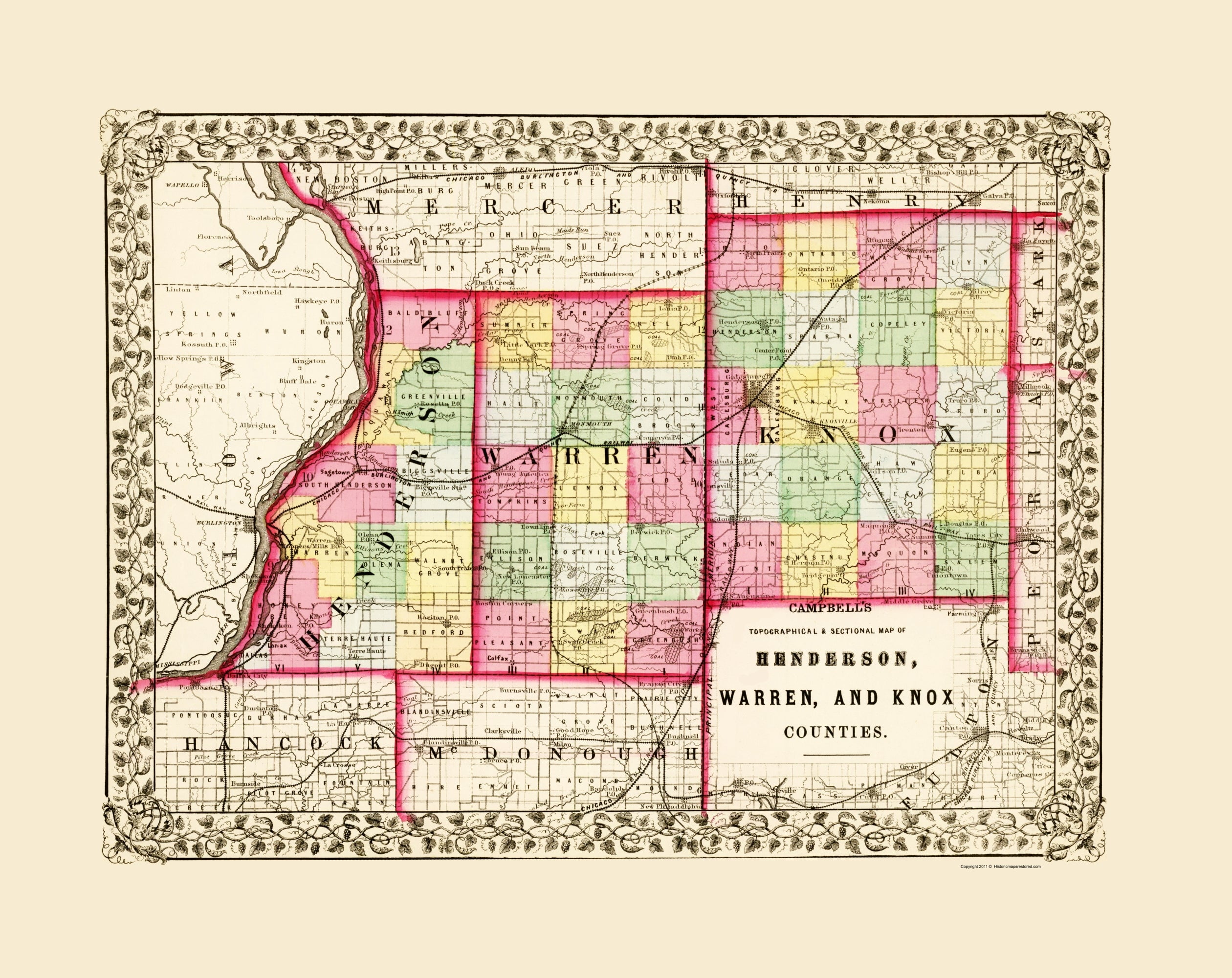 Historic County Map - Knox Warren Henderson Counties Illinois ...