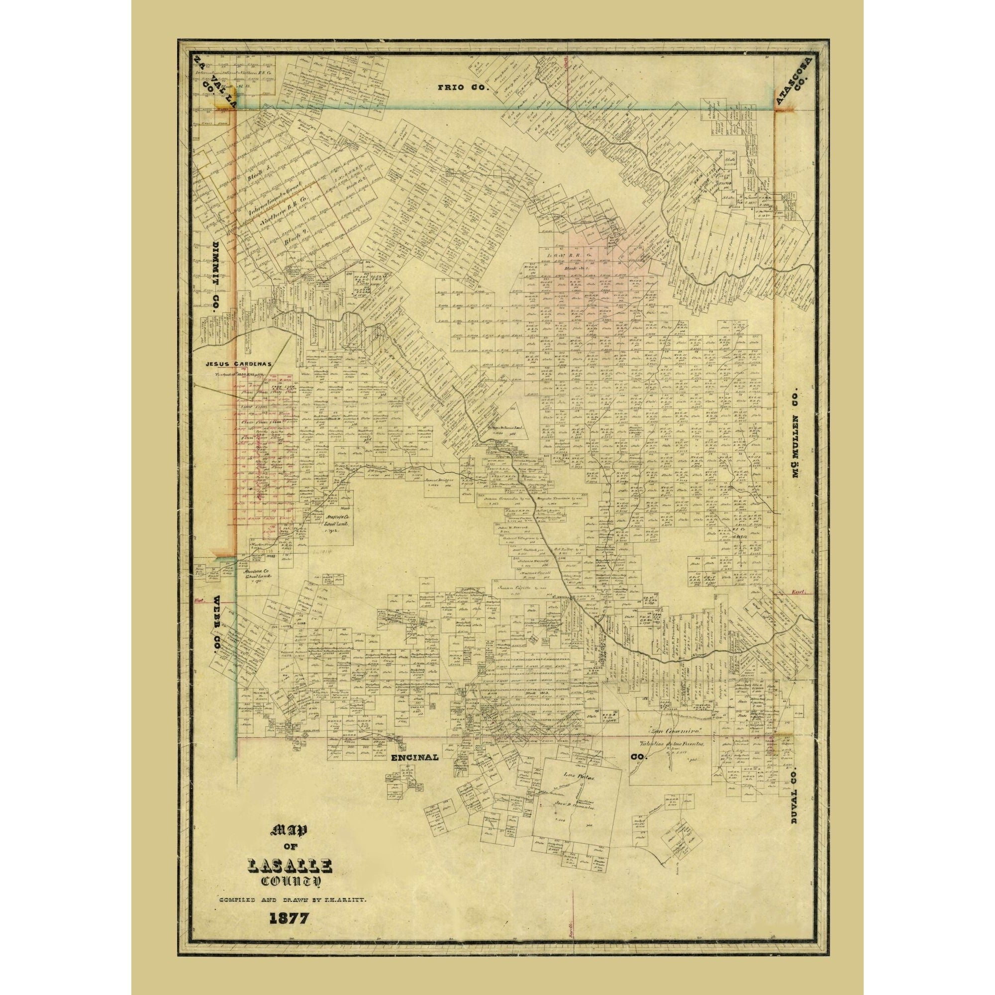 Historic County Map - La Salle County Texas - Arlitt 1877 - 23 x 31.25 ...