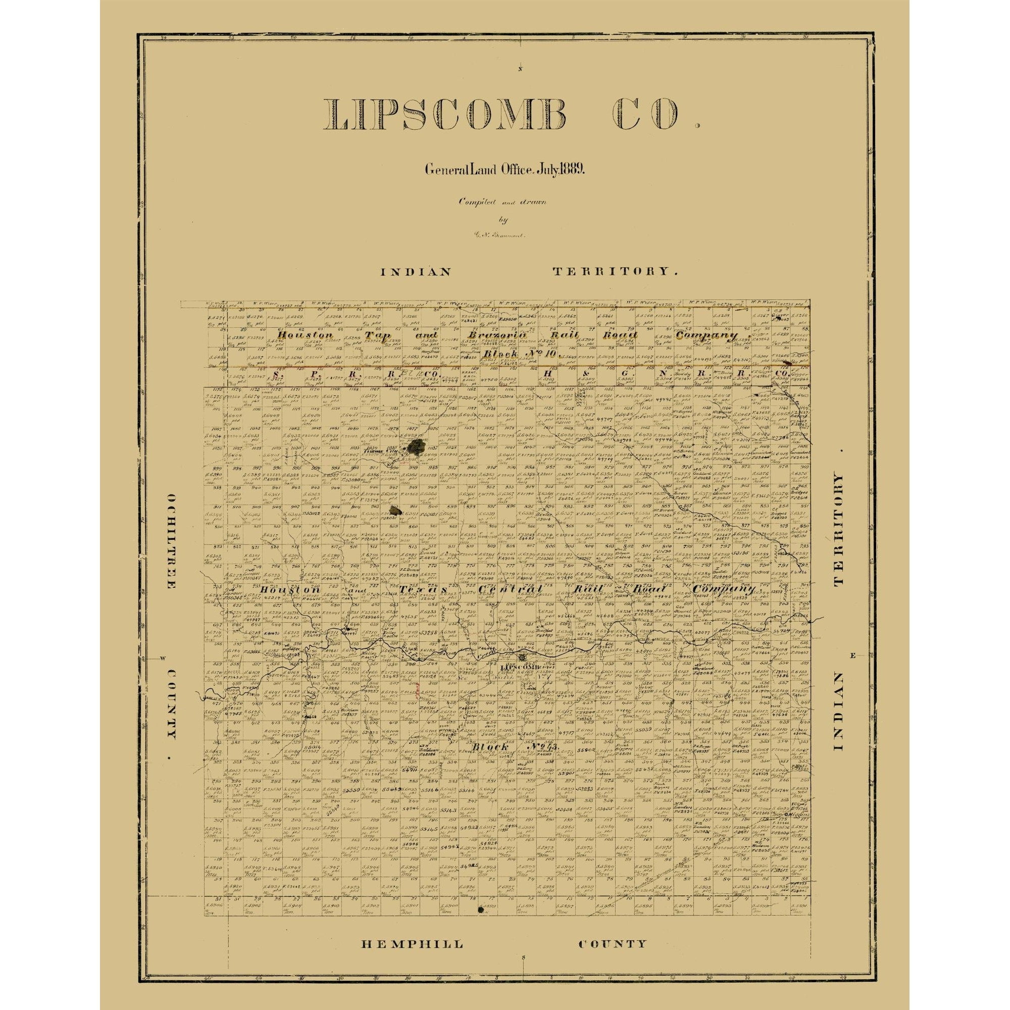 Historic County Map - Lipscomb County Texas - Beaumont 1889 - 23 x 28. ...