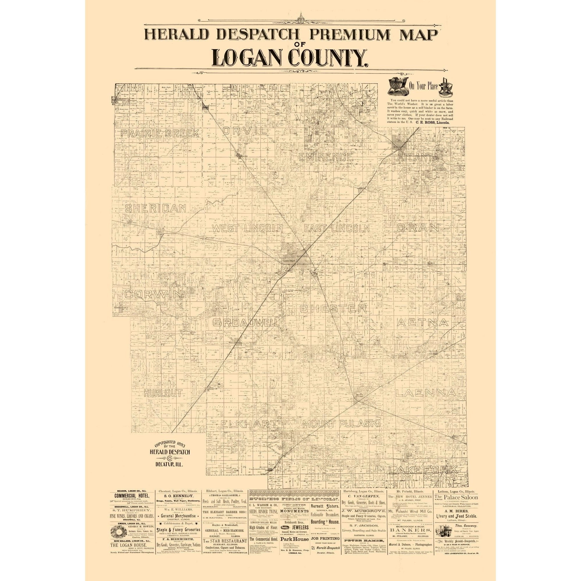 Historic County Map - Logan County Illinois - Herald Despatch 1861 - 23 ...