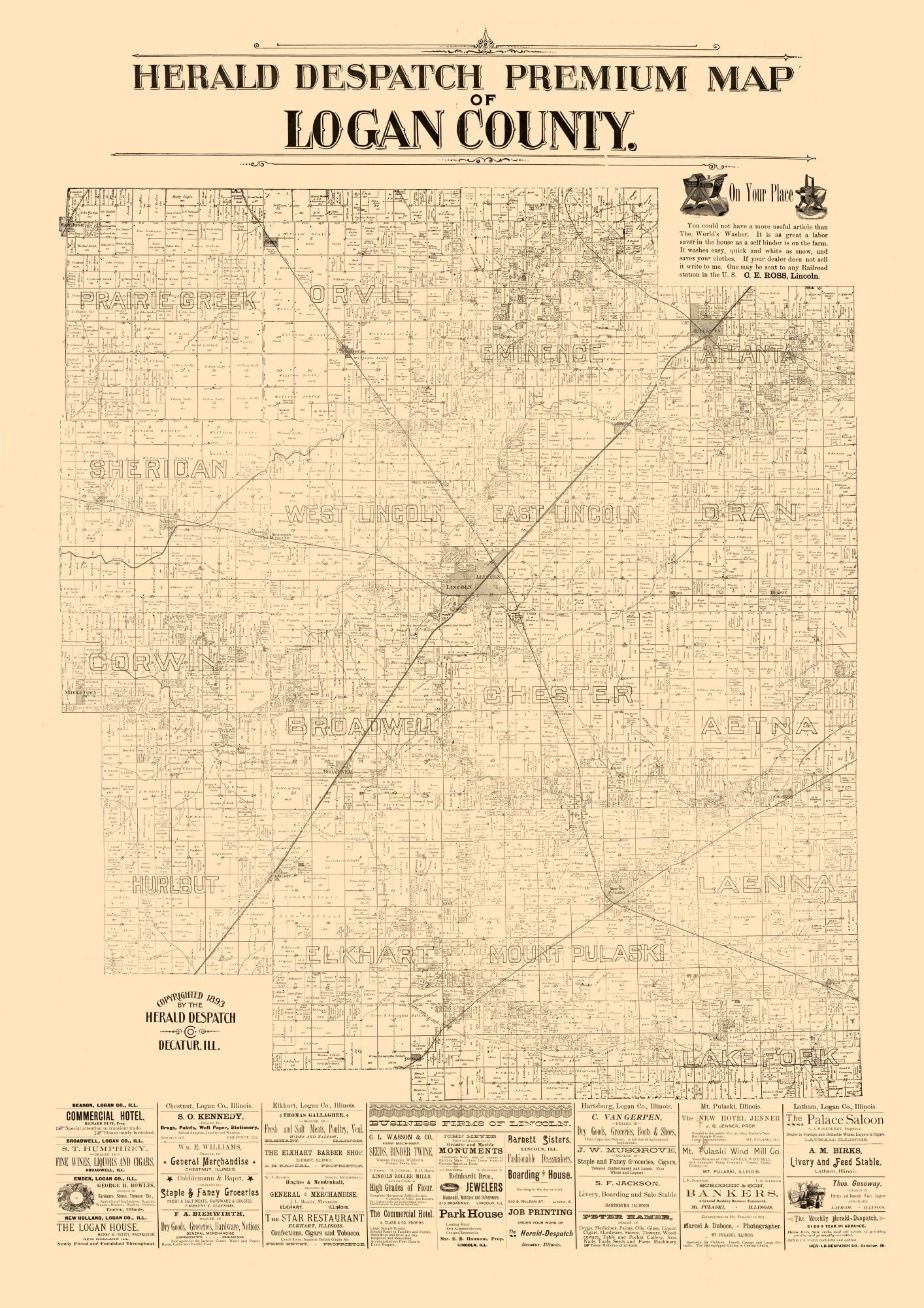 Historic County Map - Logan County Illinois - Herald Despatch 1861 - 23 ...