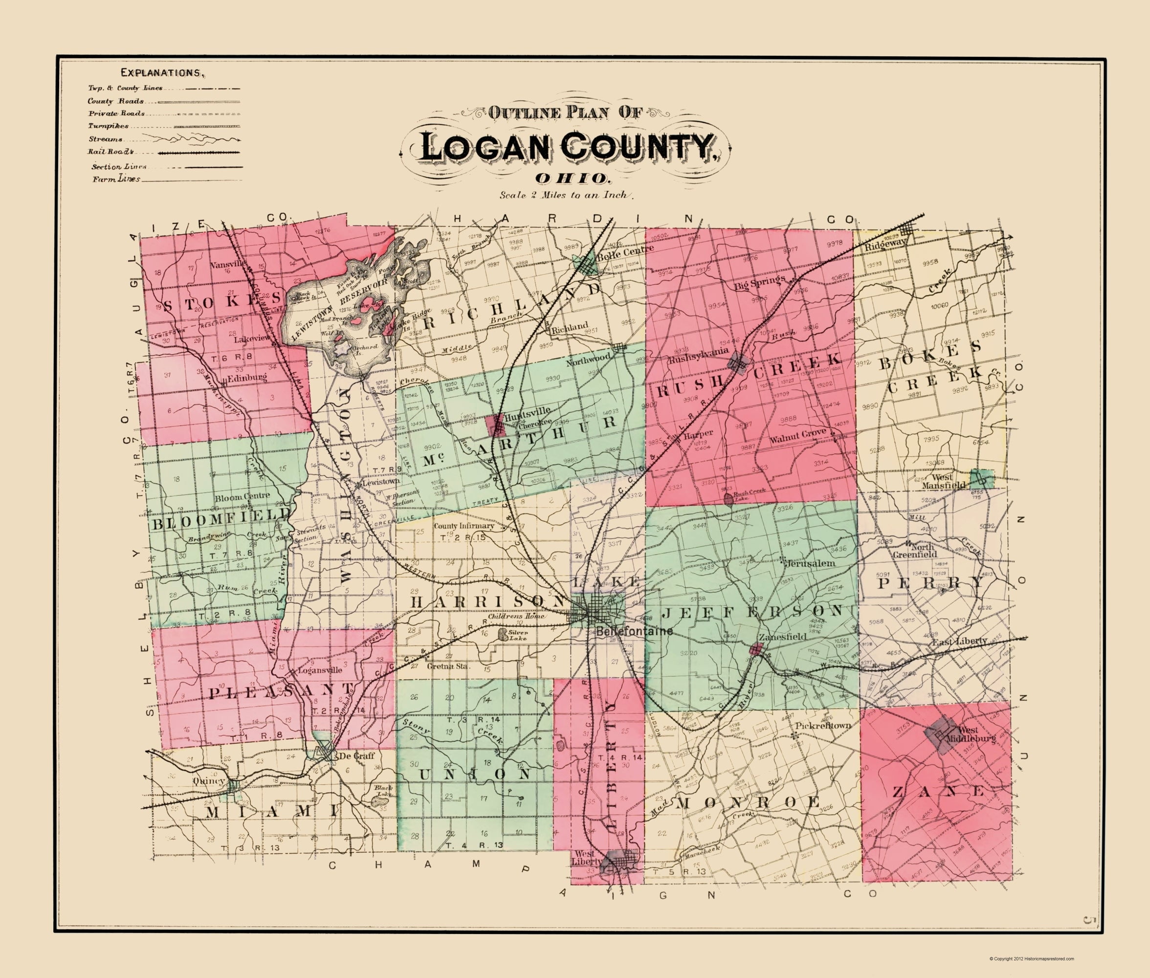 Historic County Map - Logan County Ohio - Lake 1890 - Vintage Wall Art ...