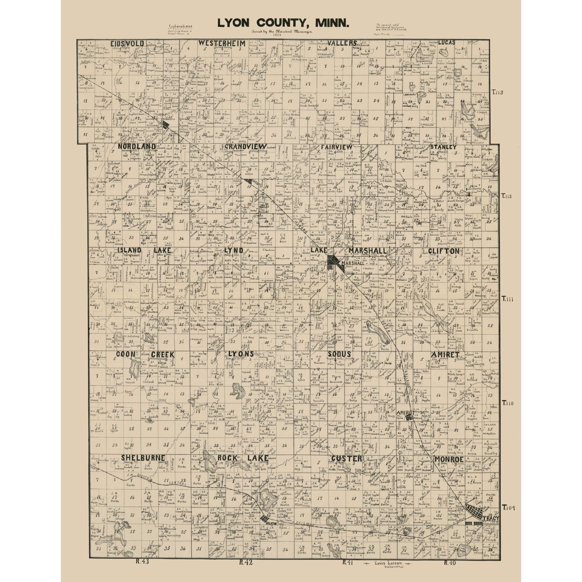 Historic County Map - Lyon County Minnesota - Larson 1884 - 23 x 29.07 ...