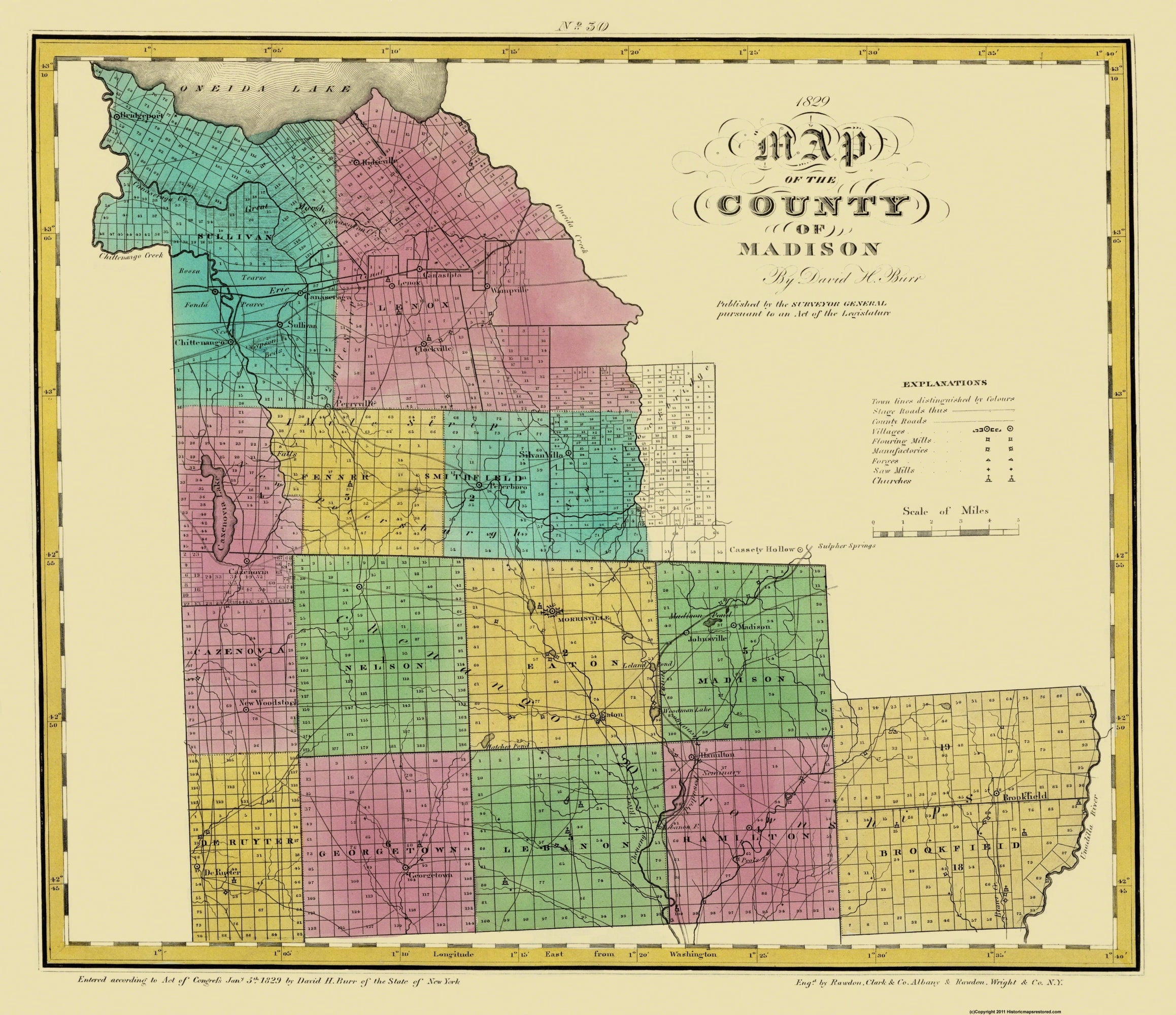 Historic County Map - Madison County New York - Burr 1829 - Vintage ...