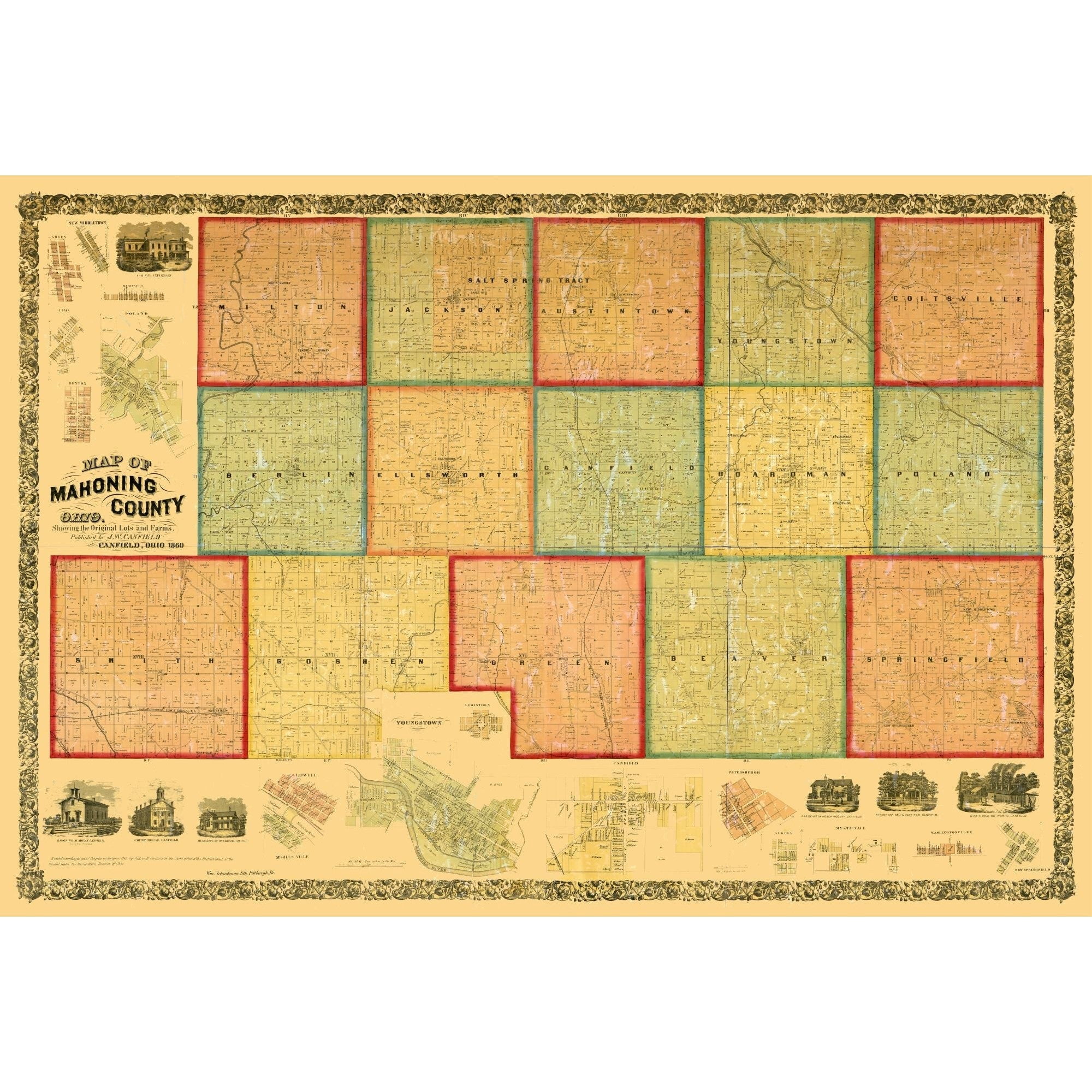 Historic County Map - Mahoning County Ohio - Canfield 1860 - Vintage ...