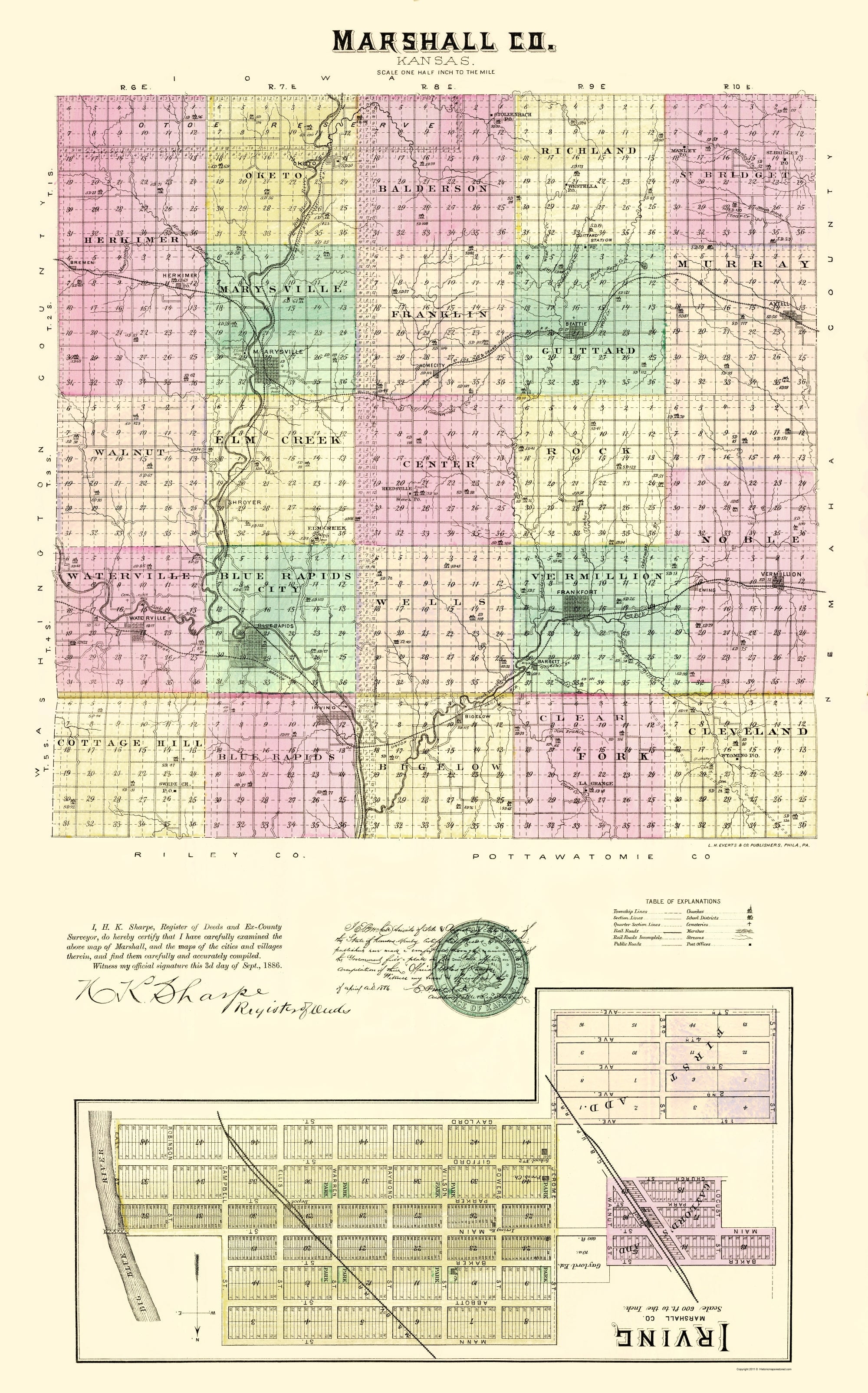 Historic County Map - Marshall County Kansas - Everts 1887 - 23 x 36.92 ...