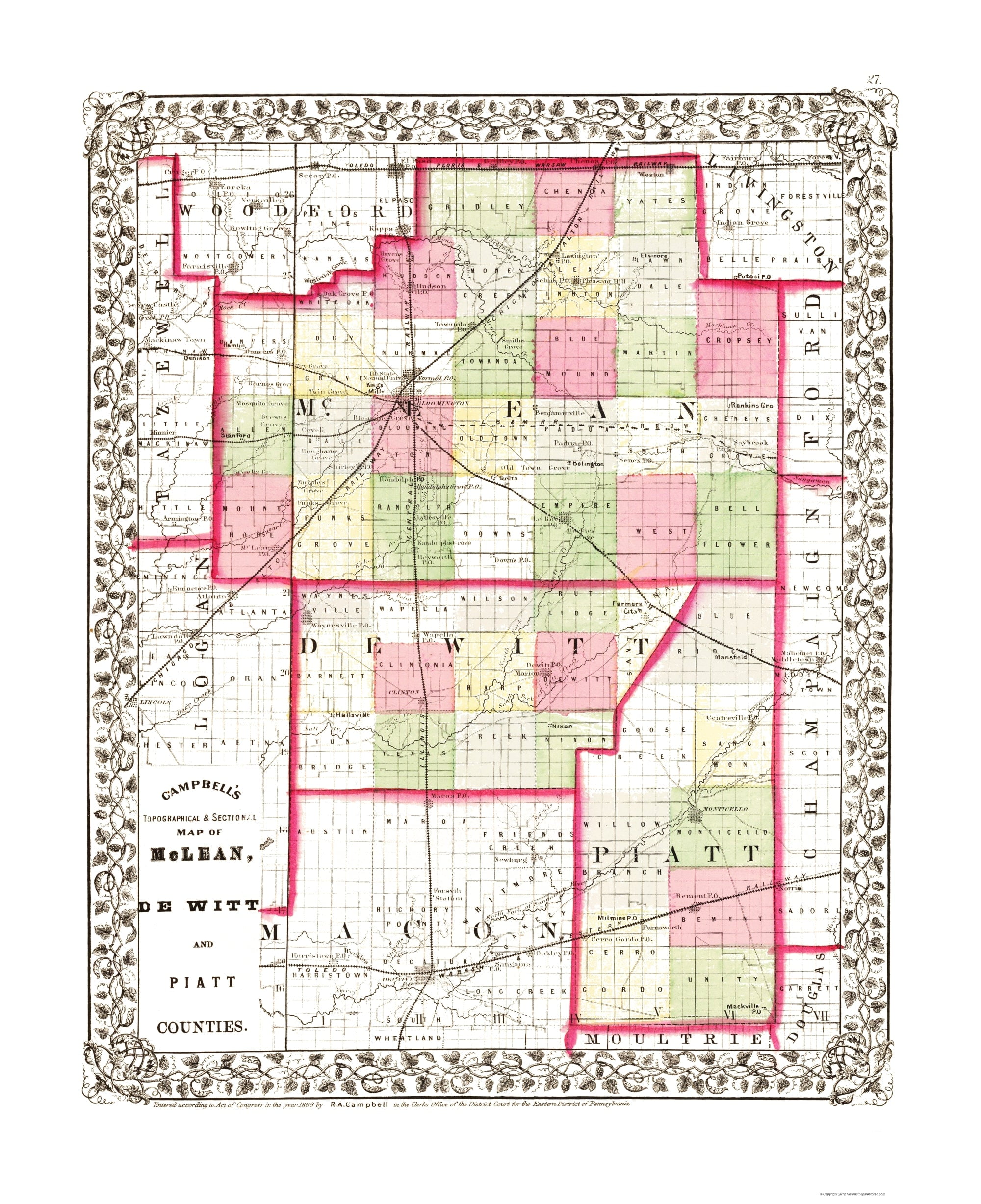 Historic County Map - Mclean Piatt DeWitt Counties Illinois - Campbell ...
