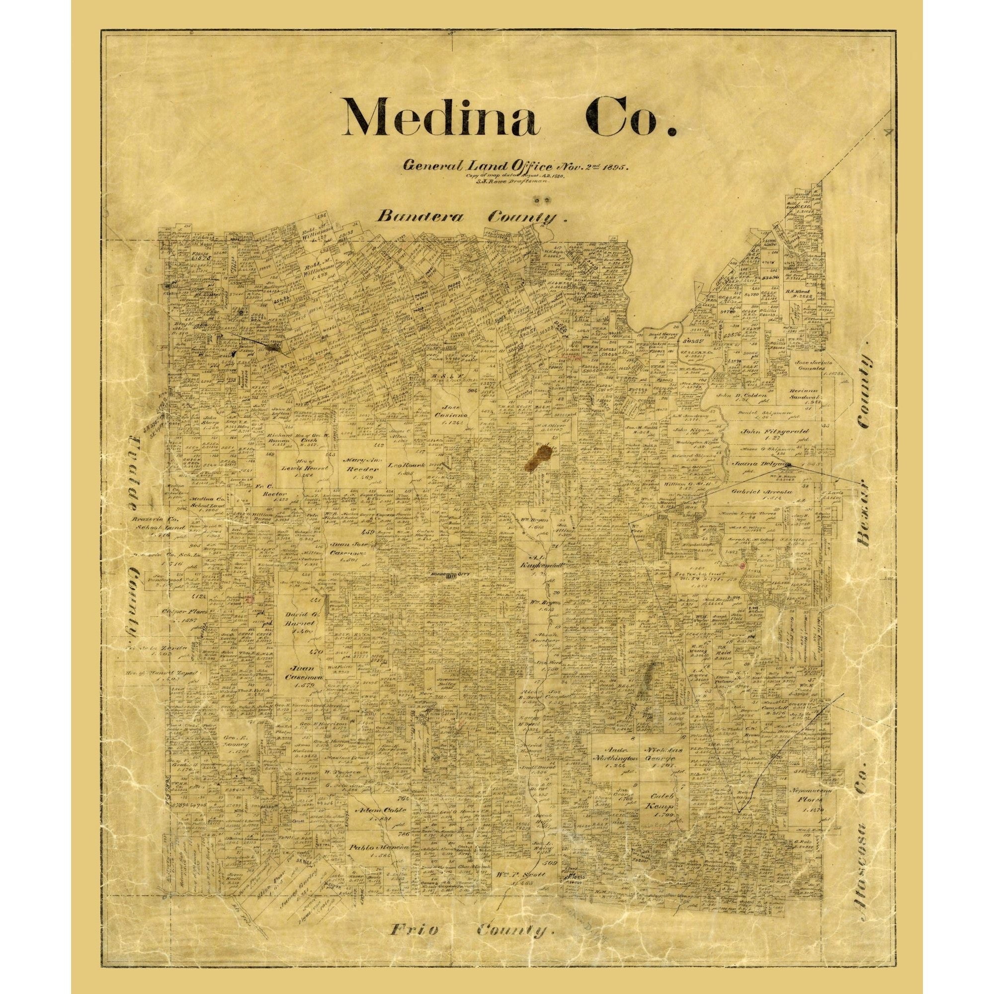 Historic County Map - Medina County Texas - Rowe 1895 - 23 x 26.84 ...
