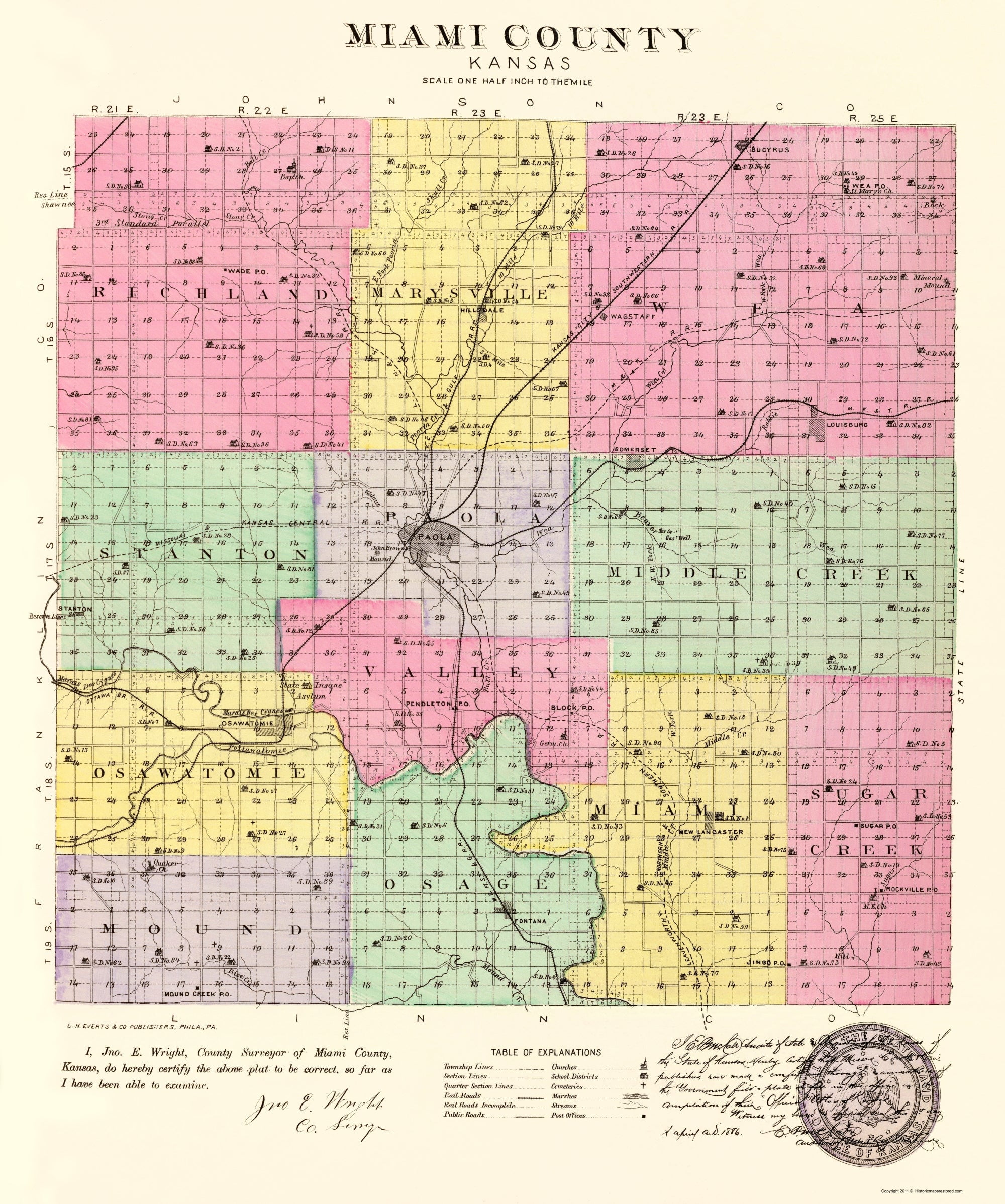 Historic County Map - Miami County Kansas - Everts 1887 - 23 x 27.56 ...