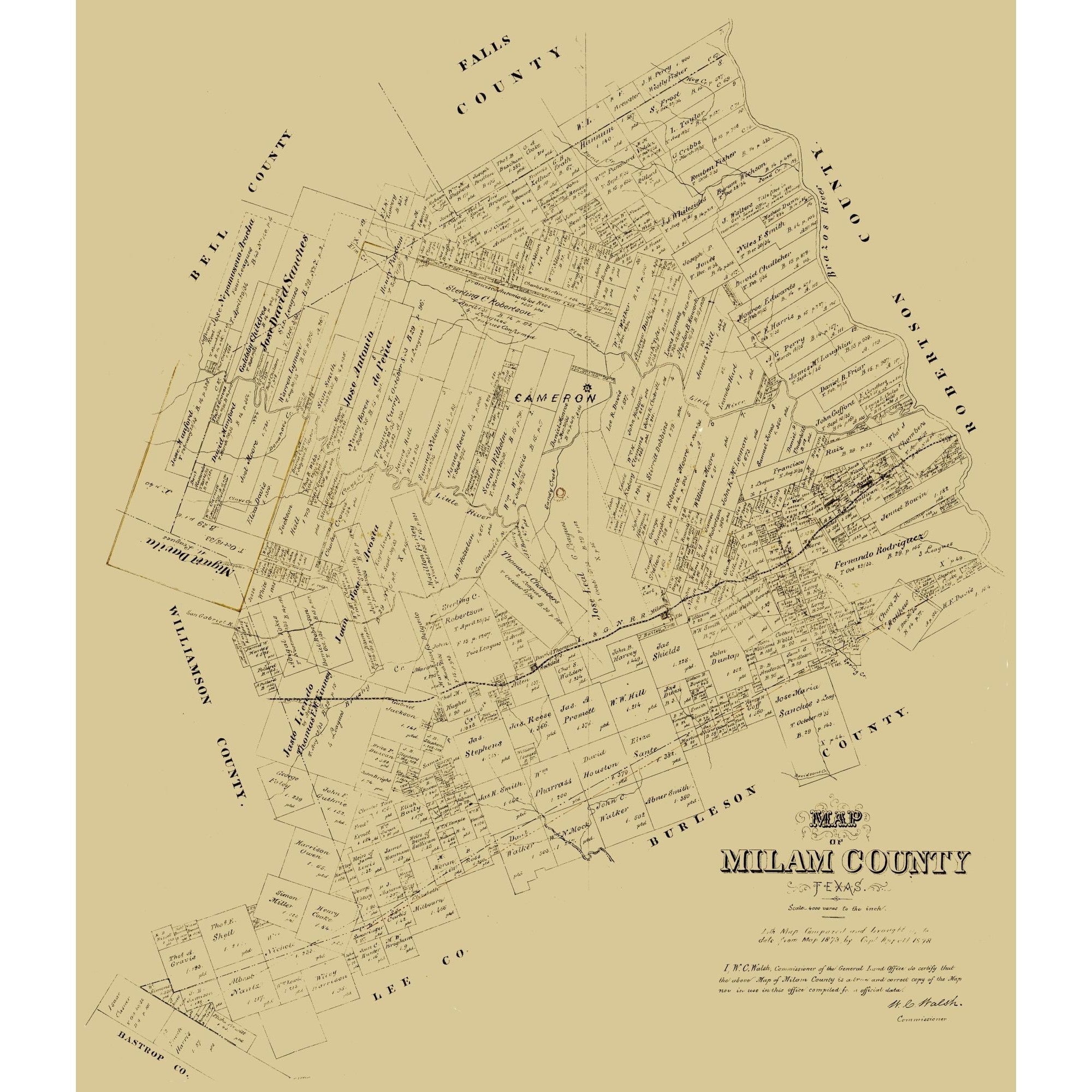 Historic County Map - Milam County Texas - Walsh 1879 - 23 x 26.71 ...