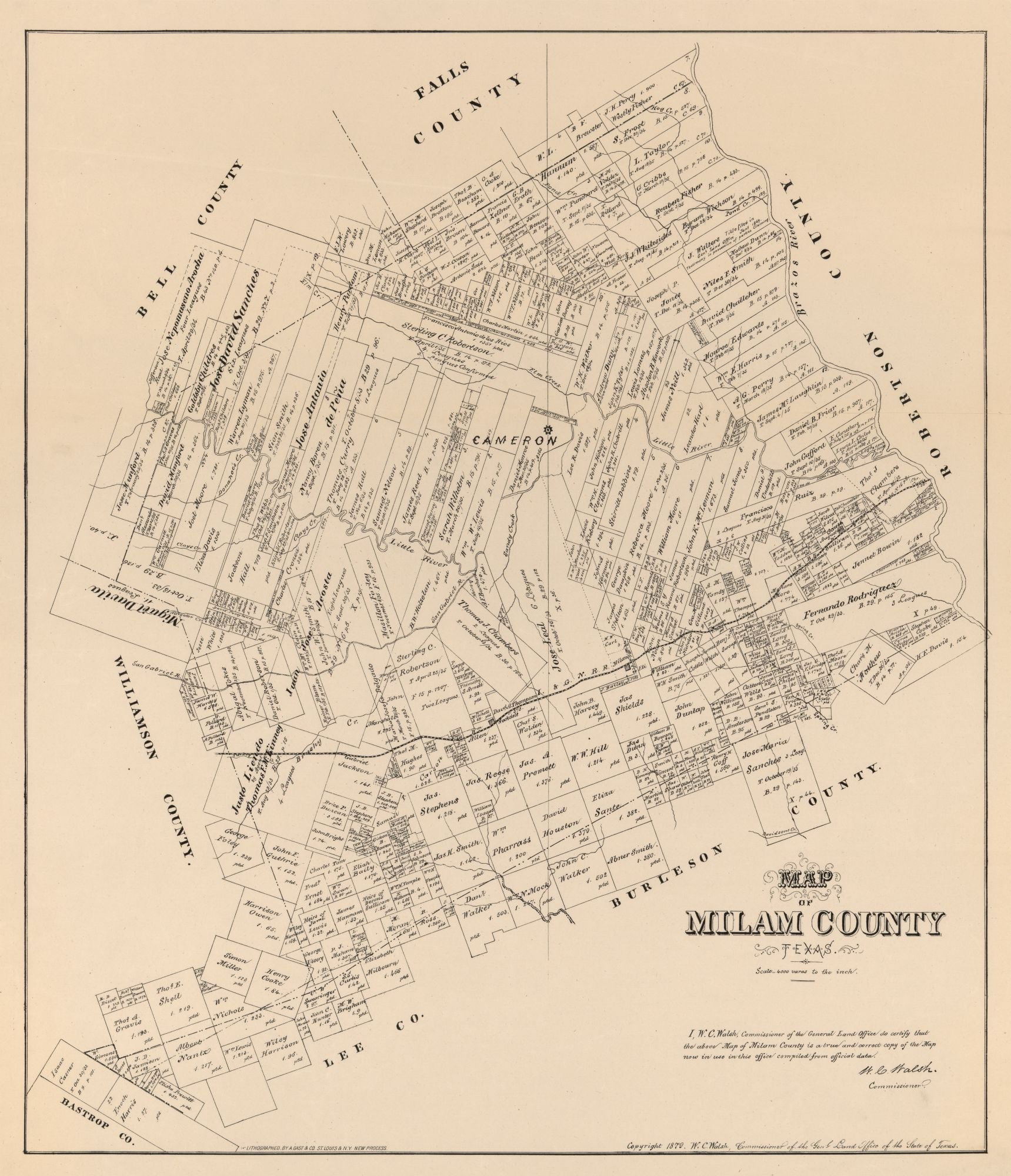 Historic County Map - Milam County Texas - Walsh 1879 - 23 x 26.76 ...