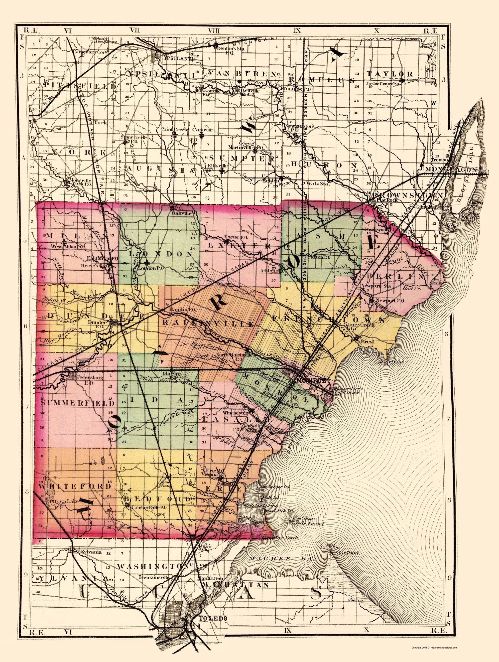 Historic County Map - Monroe County Michigan - Walling 1873 - 23 x 30. ...