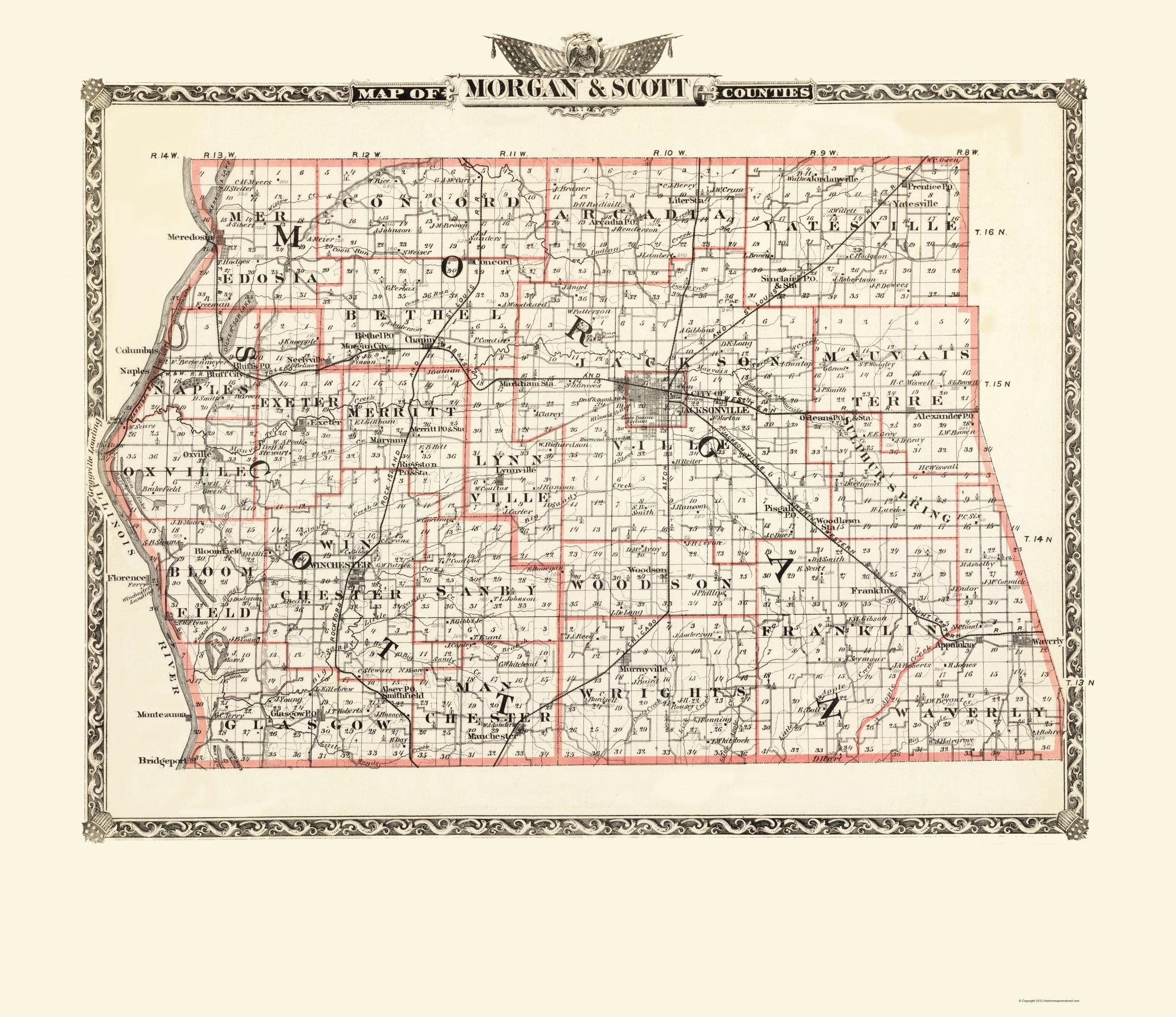 Historic County Map - Morgan Scott Counties Illinois - Warner 1876 - 23 ...