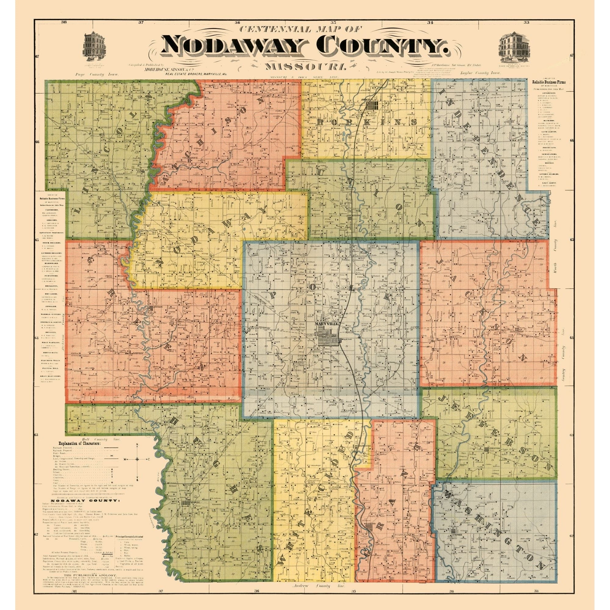Historic County Map - Nodaway County Missouri - Morehouse 1900 - 23 x ...