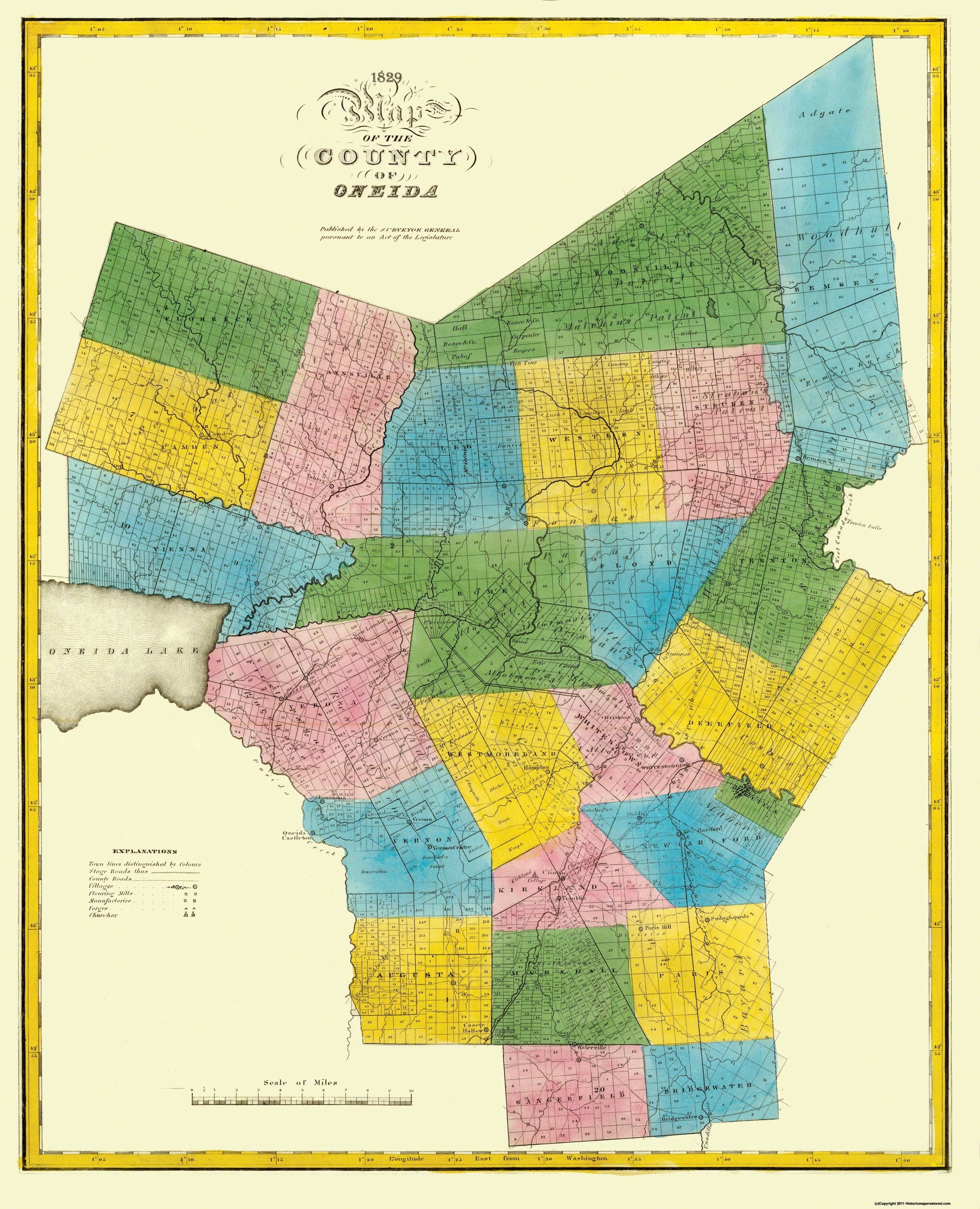 Historic County Map - Oneida County New York - Burr 1829 - Vintage Wall ...