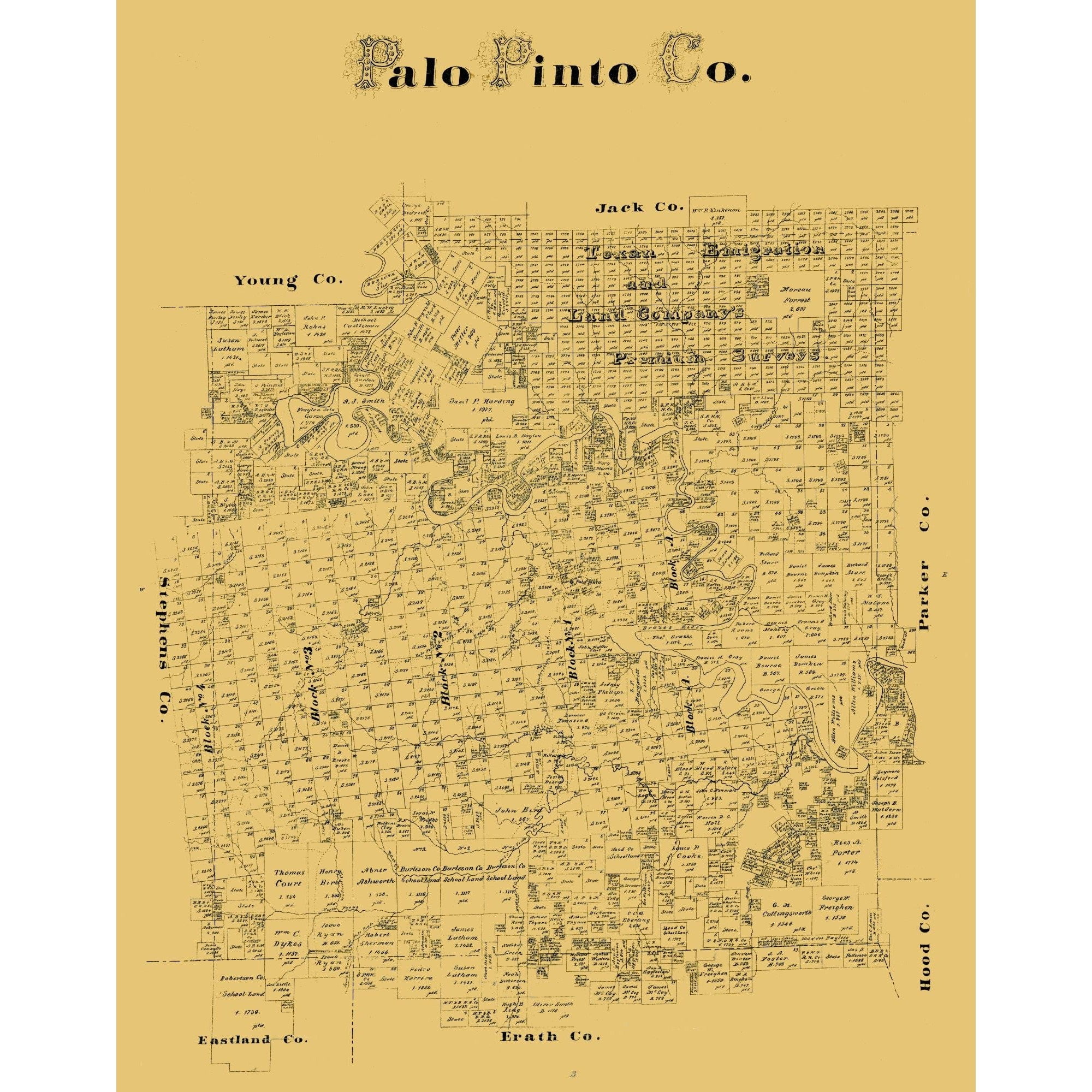 Historic County Map - Palo Pinto County Texas - Blau 1879 - 23 x 29.22 ...
