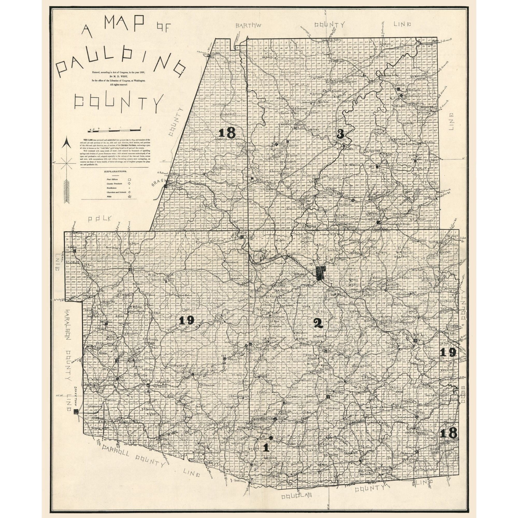 Historic County Map - Paulding County Georgia - West 1896 - Vintage ...