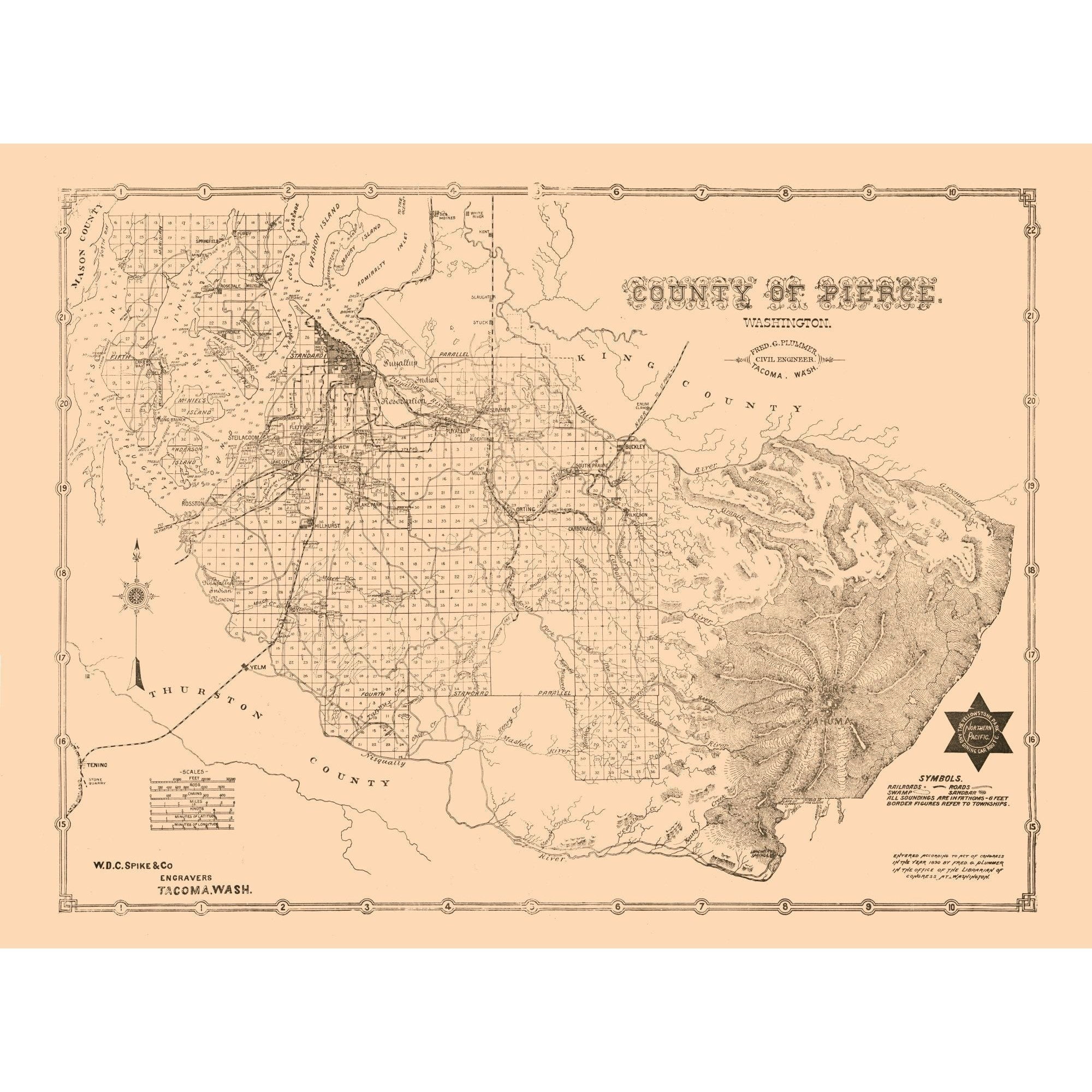 Historic County Map - Pierce County Washington - Plummer 1890 - 31.21 x ...