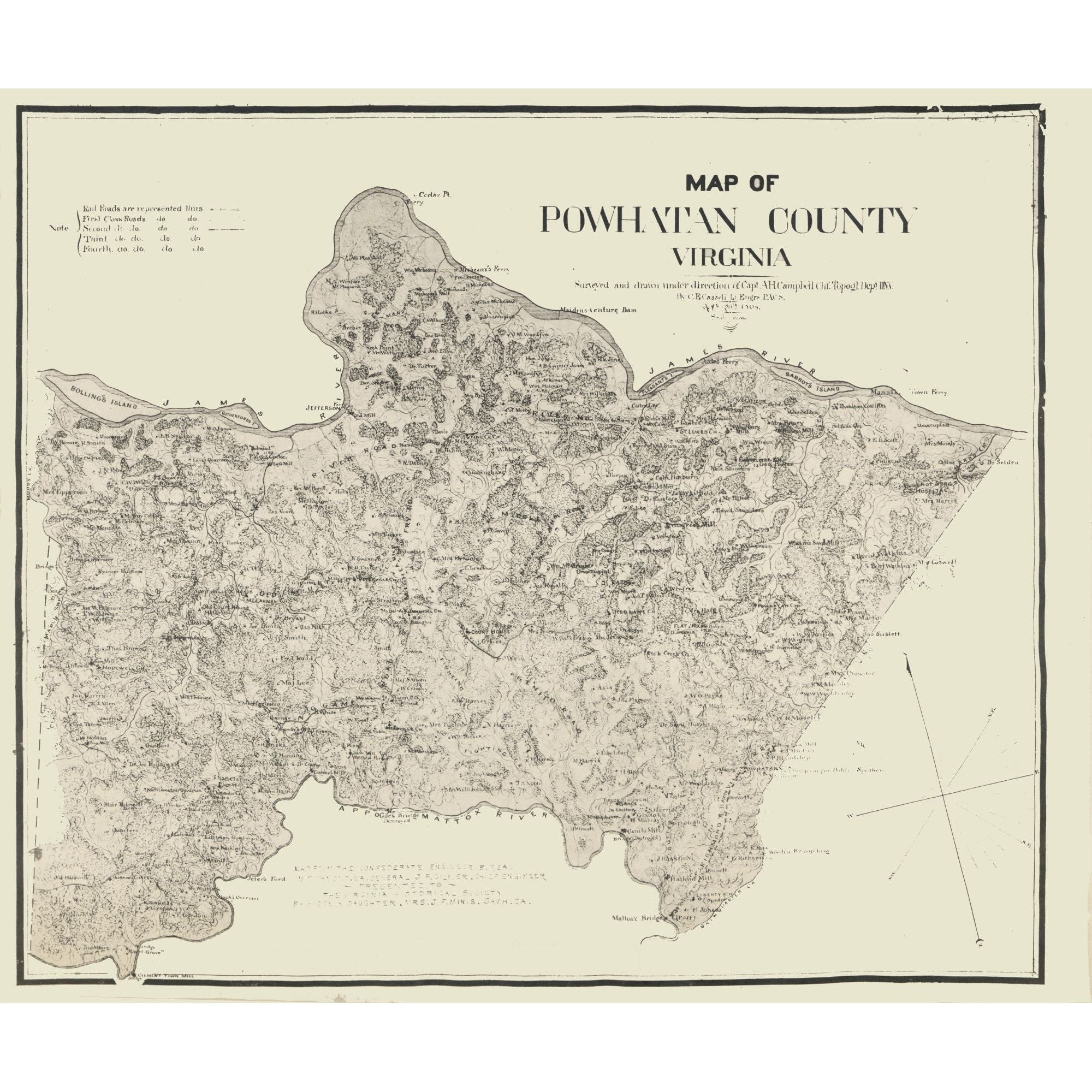 Historic County Map - Powhatan County Virginia - Campbell 1864 - 27.46 ...