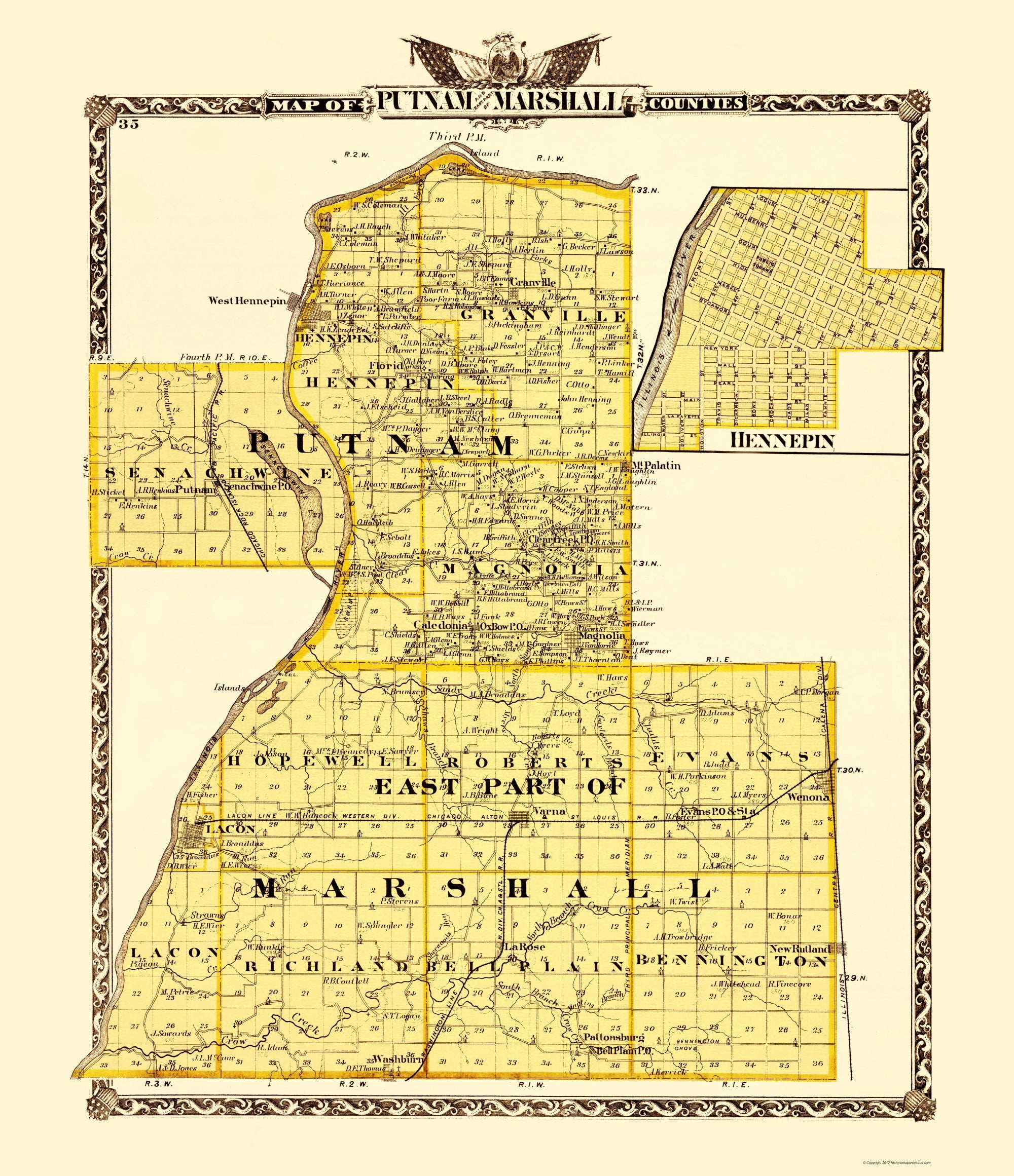 Historic County Map - Putnam Marshall Counties Illinois - Warner 1870 ...
