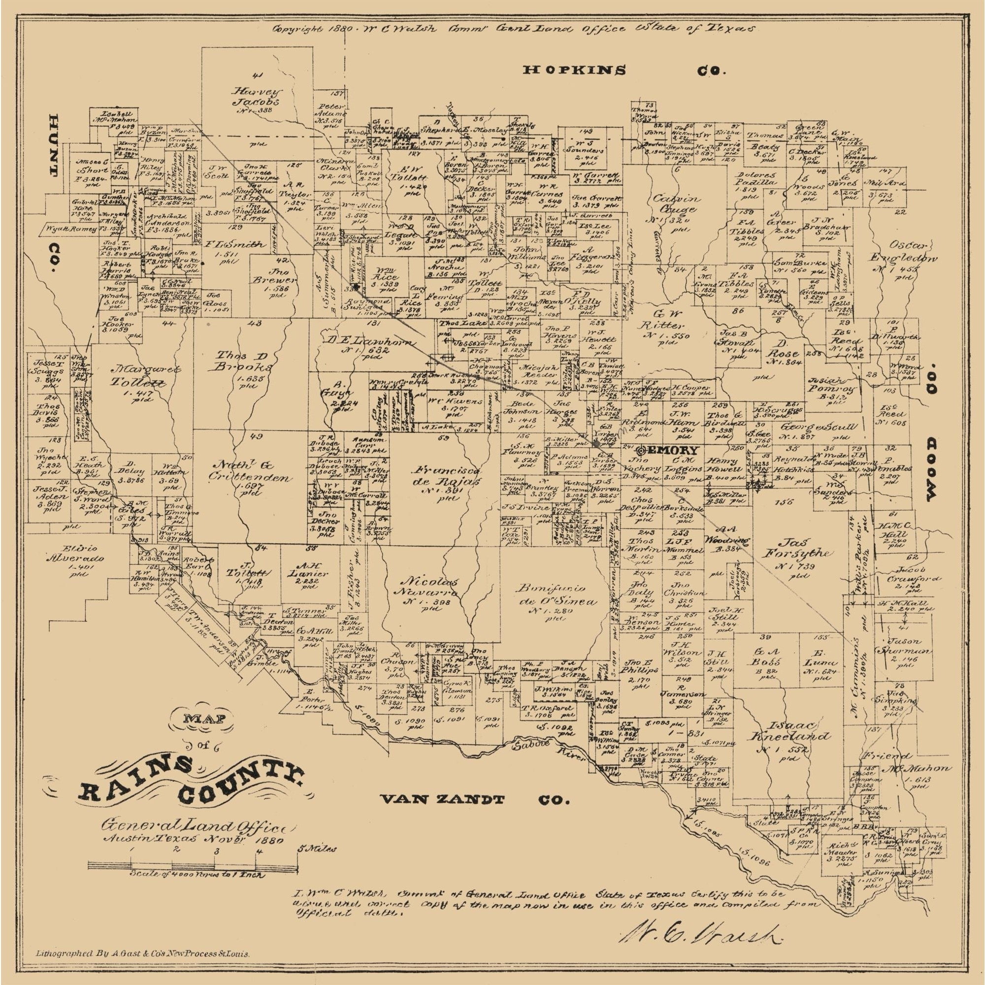 Historic County Map - Rains County Texas - Walsh 1880 - 23 x 23.03 ...