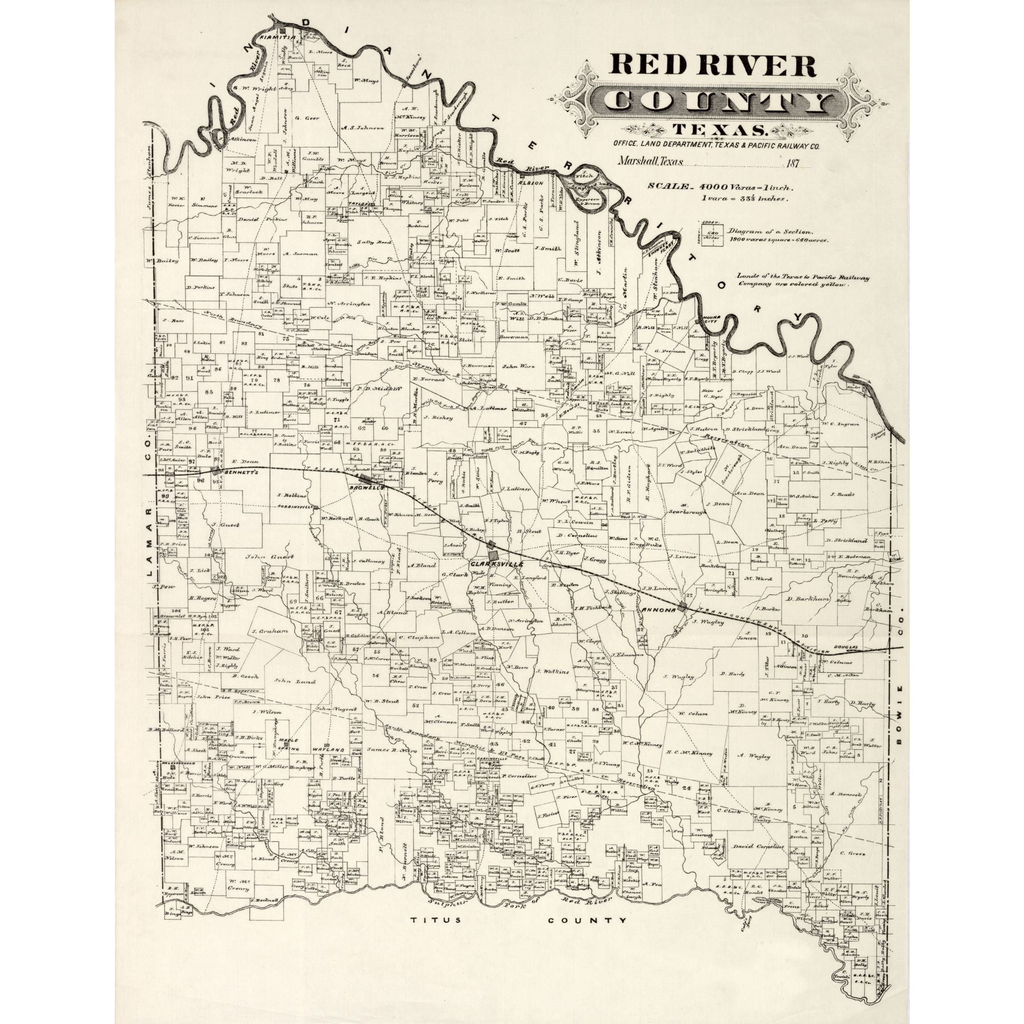 Historic County Map - Red River County - Texas and Pacific 1870 - 23 x ...