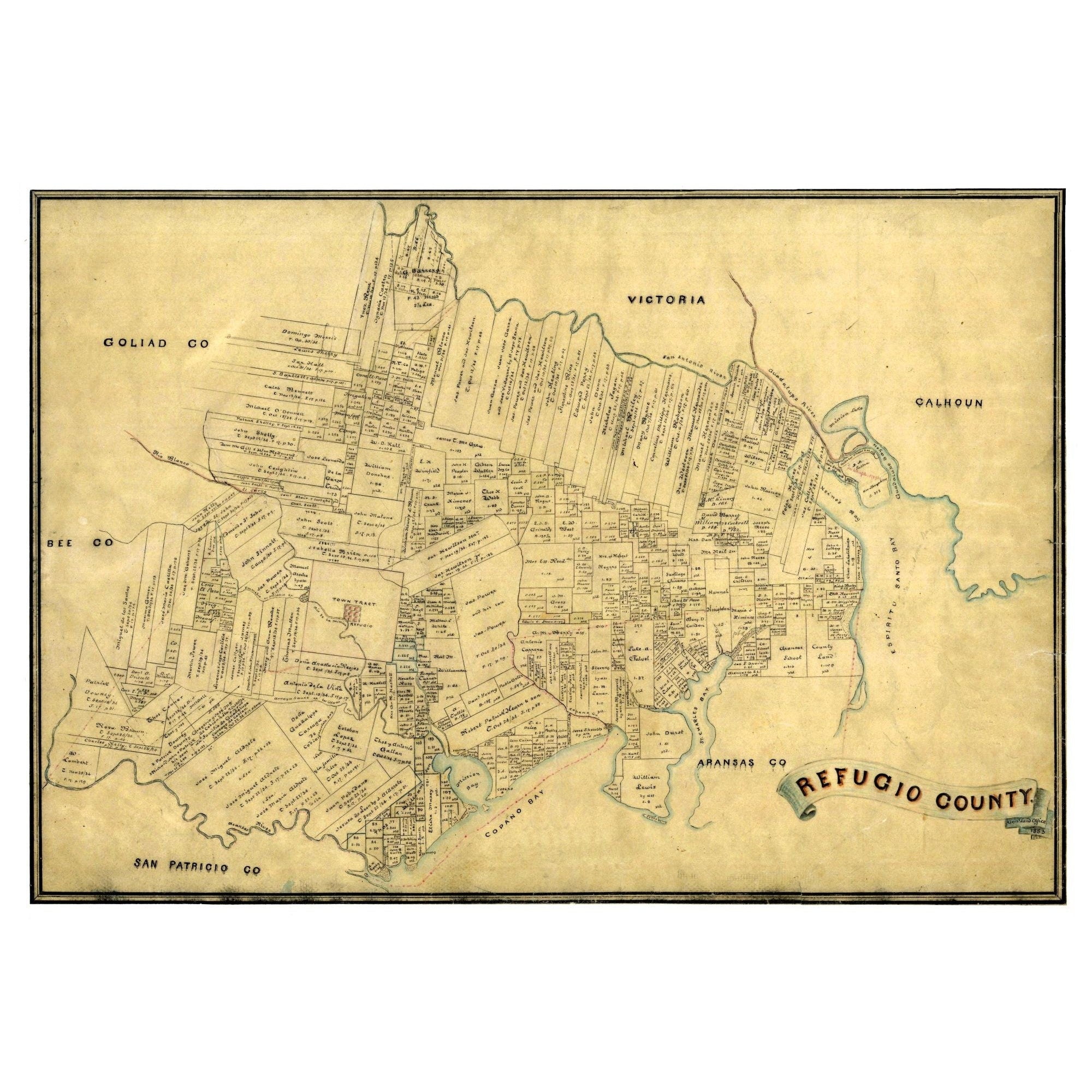 Historic County Map - Refugio County Texas - General Land Office 1883 ...