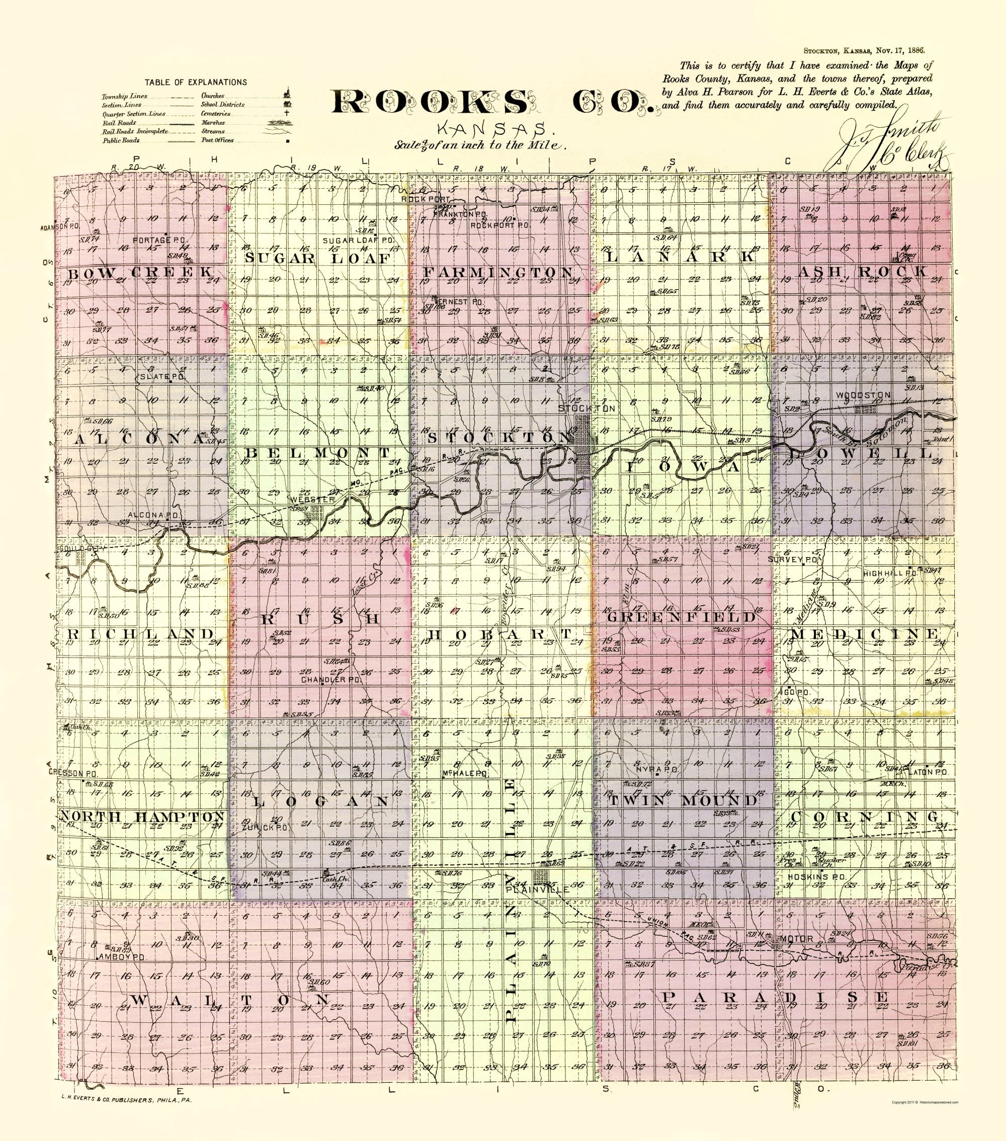 Historic County Map - Rooks County Kansas - Everts 1887 - 23 x 26.09 ...