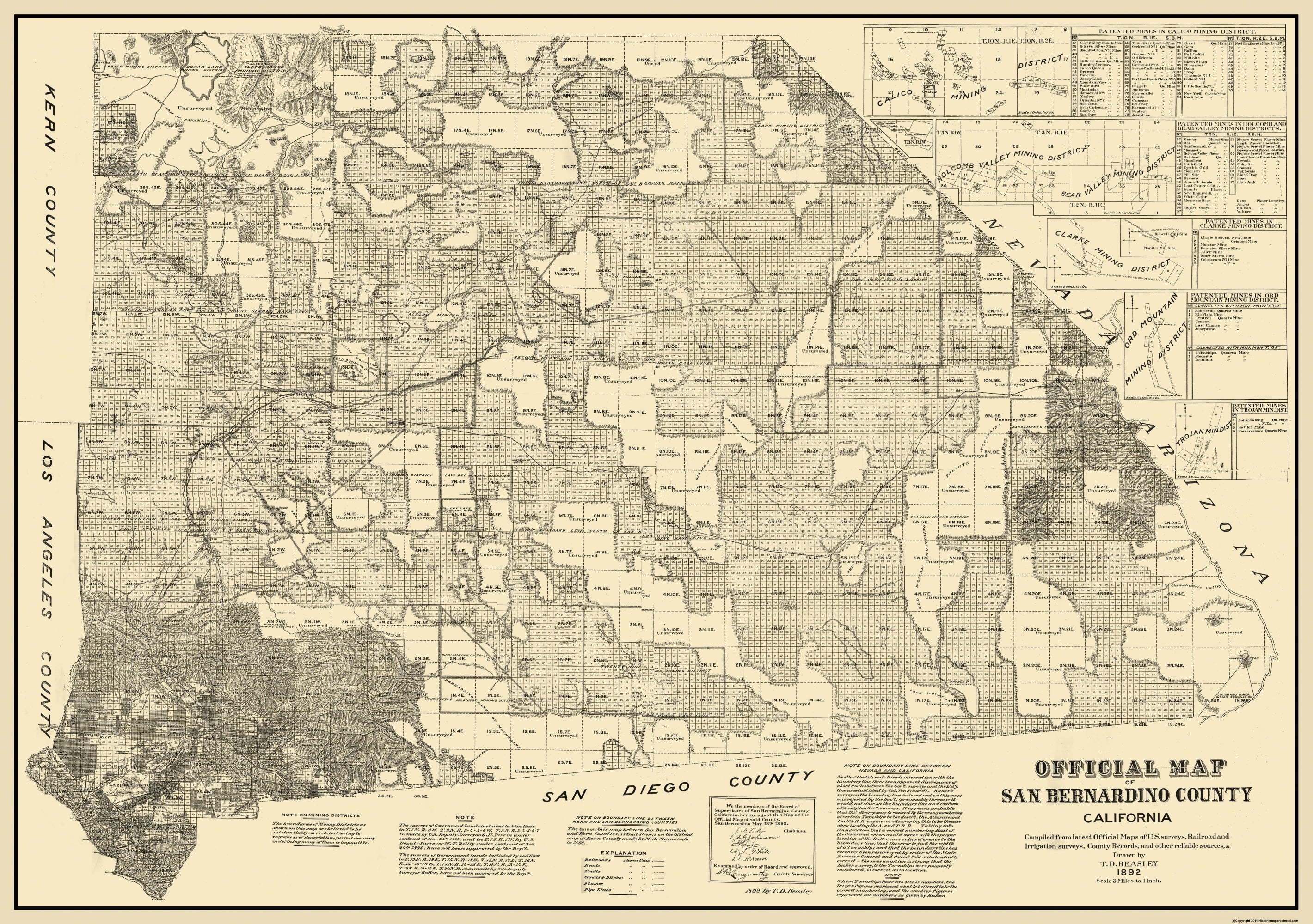 Historic County Map - San Bernardino County California - Beasley 1892 ...