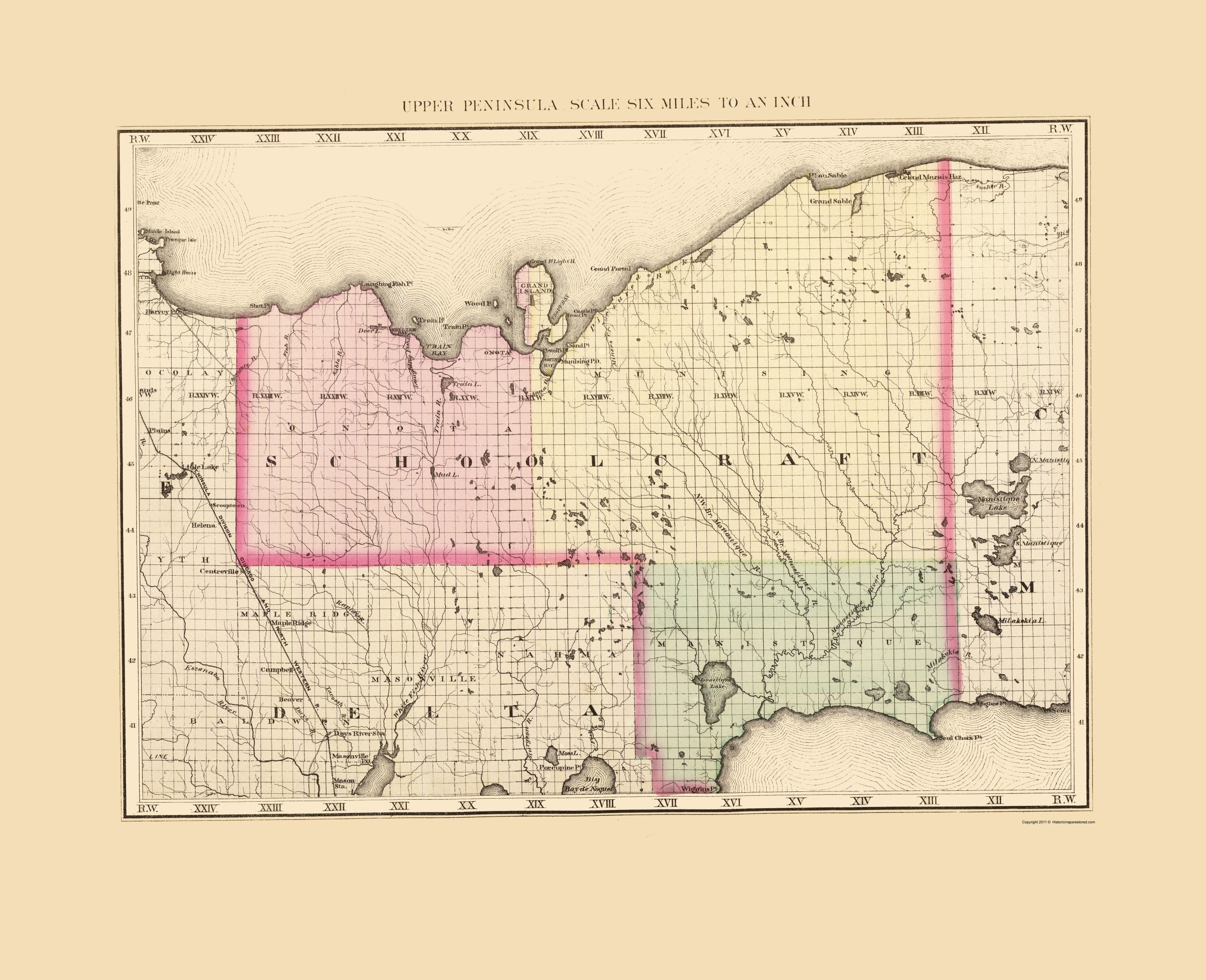 Historic County Map - Schoolcraft County Michigan - Walling 1873 - 23 x ...
