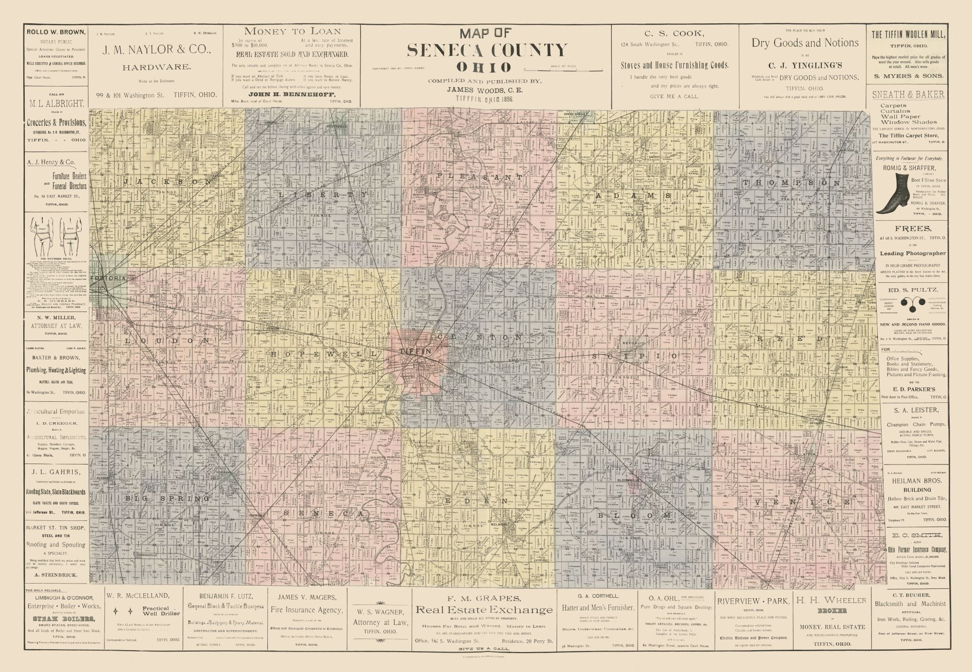 Historic County Map - Seneca County Ohio - Woods 1896 - 33.26 x 23 ...