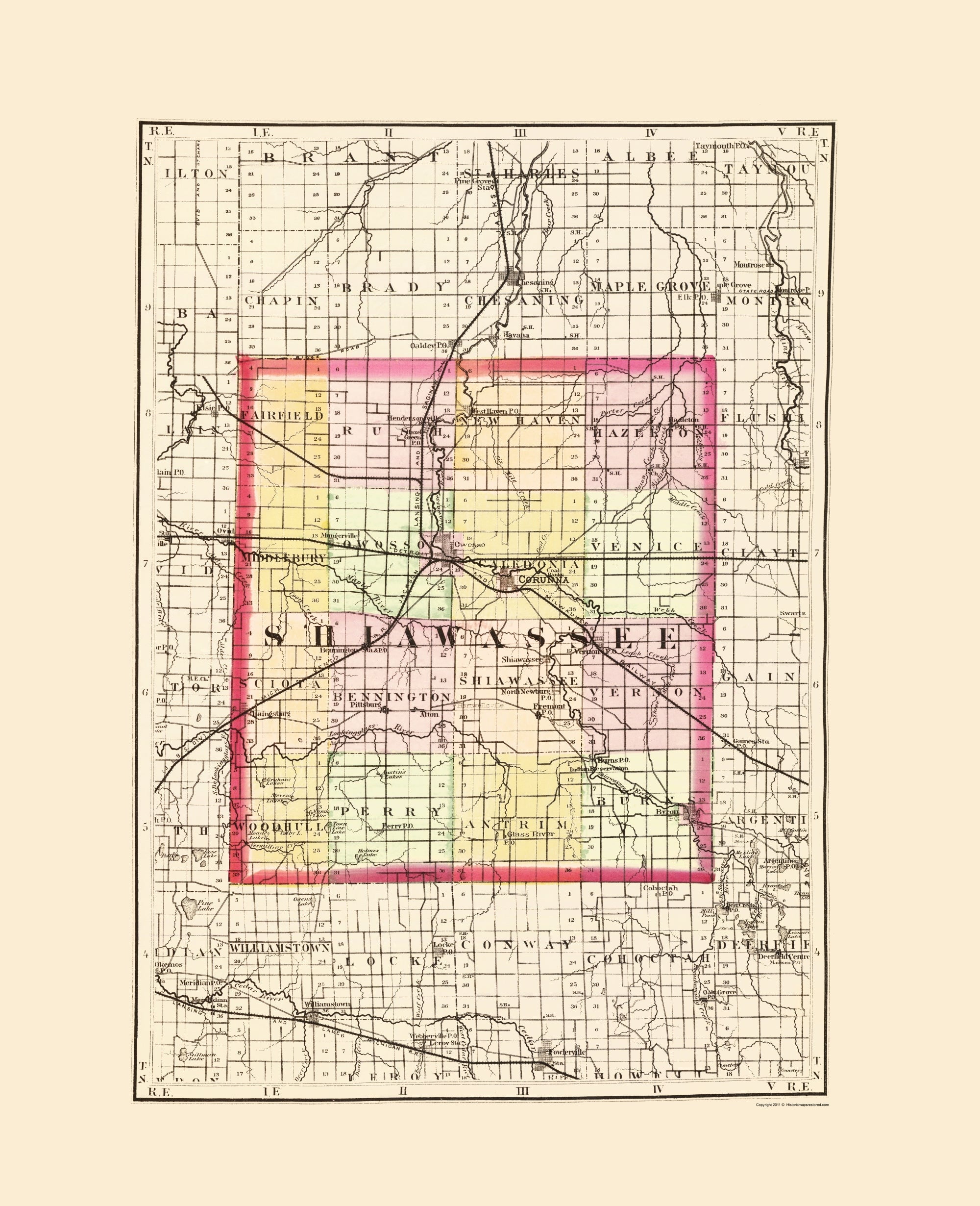 Historic County Map - Shiawassee County Michigan - Walling 1873 - 23 x ...