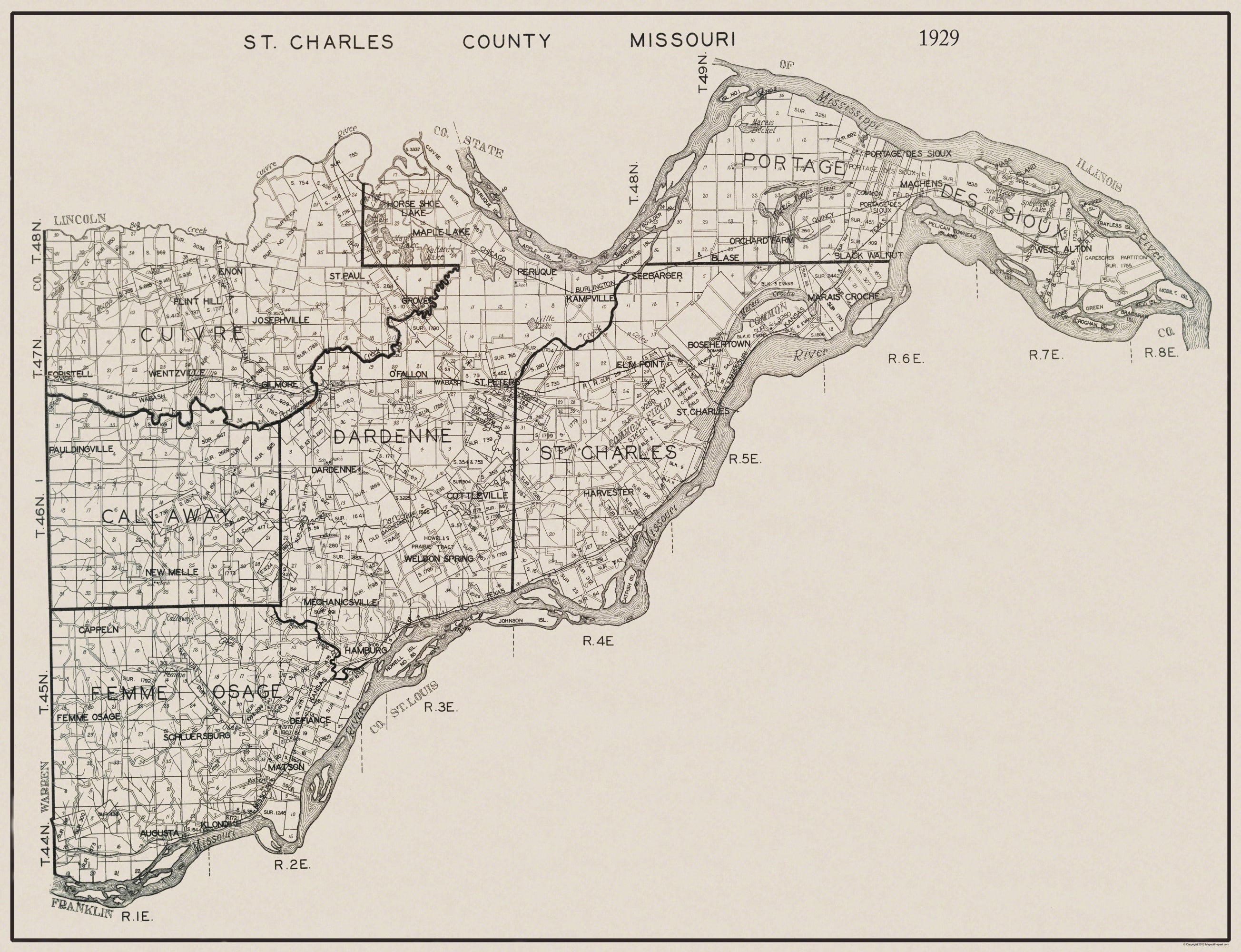 Historic County Map - St Charles County Missouri - 1929 - 30 x 23 ...