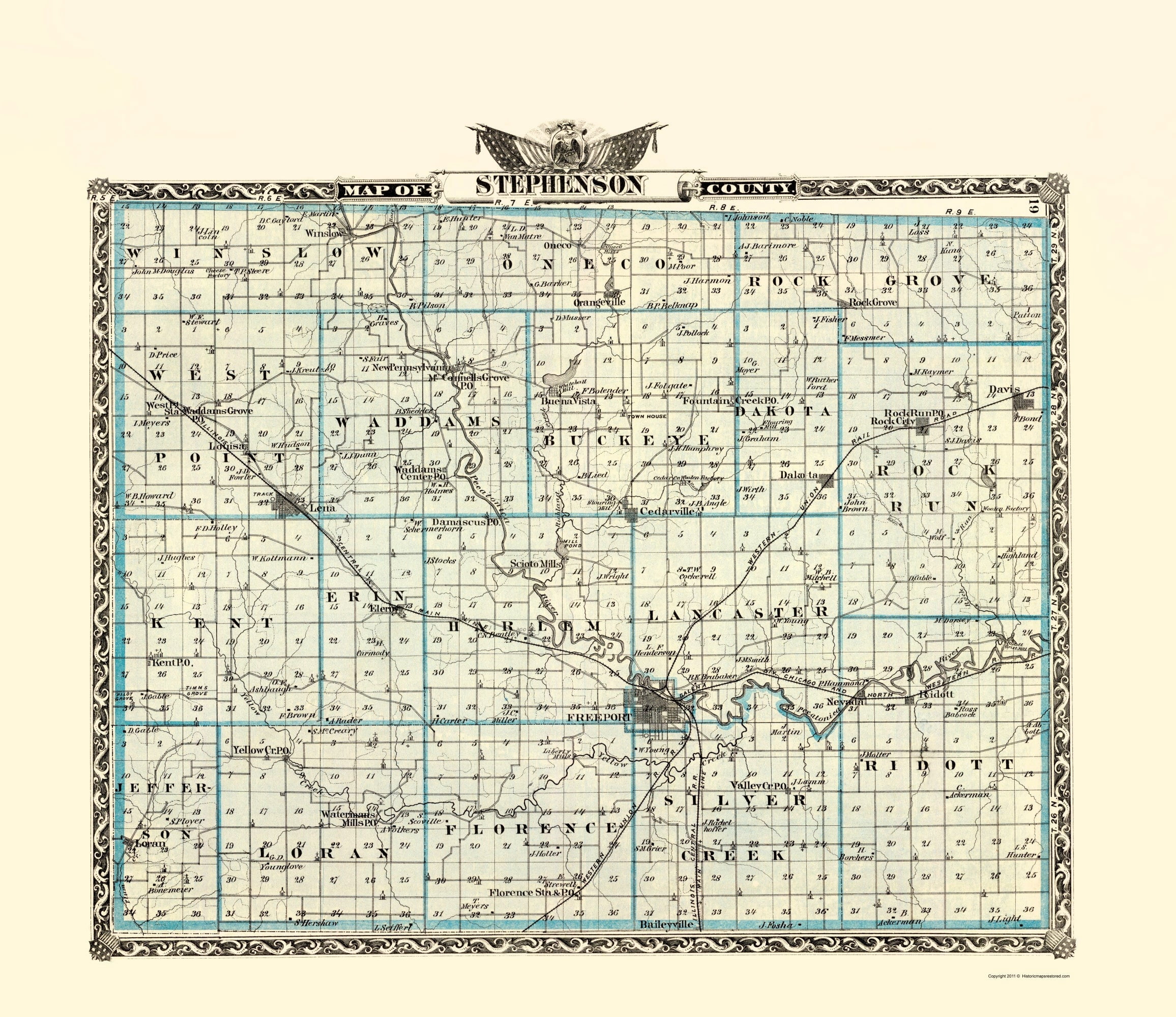 Historic County Map - Stephenson County Illinois - Warner 1876 - 23 x ...