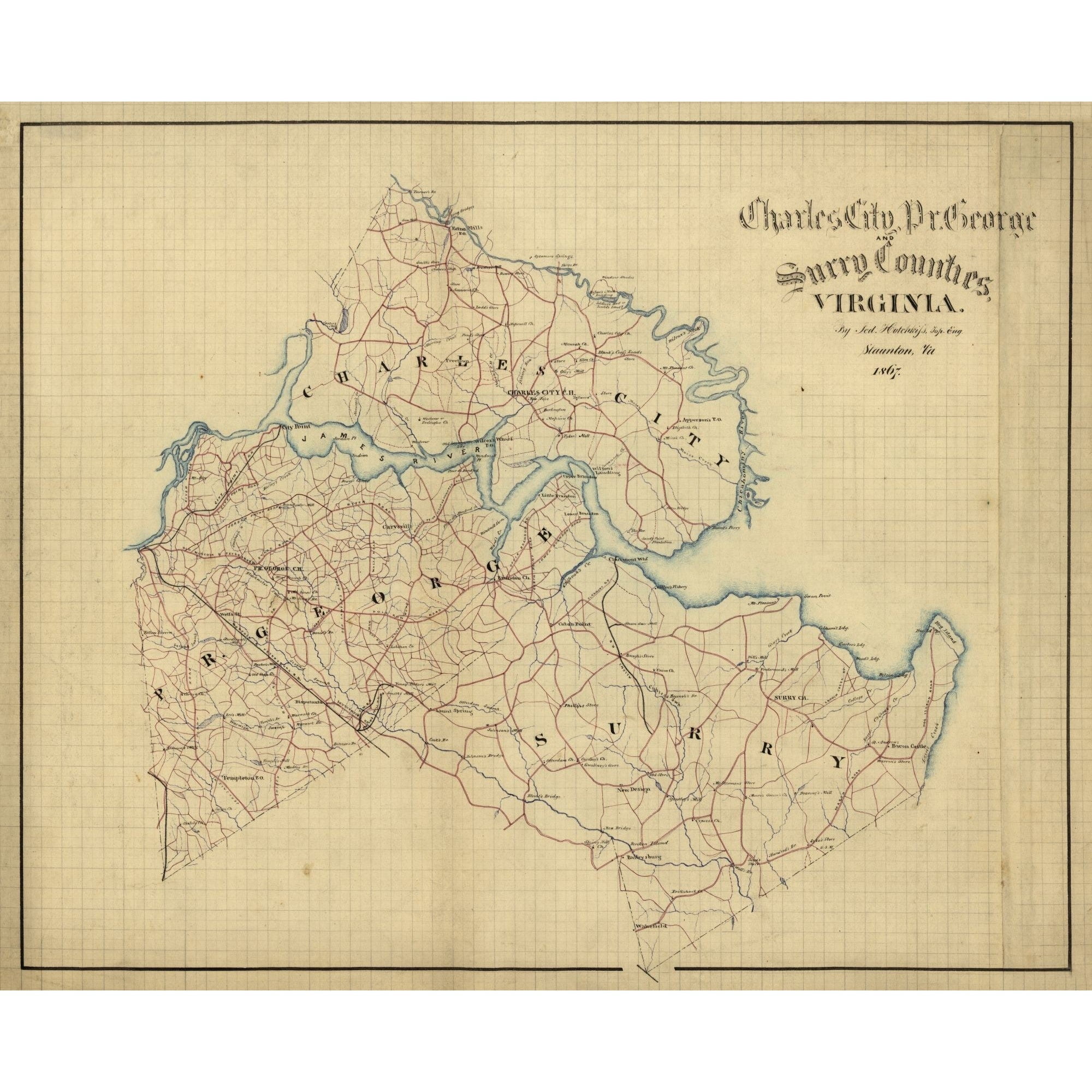 Historic County Map - Surry County Virginia - Hotchkiss 1867 - 28.25 x ...