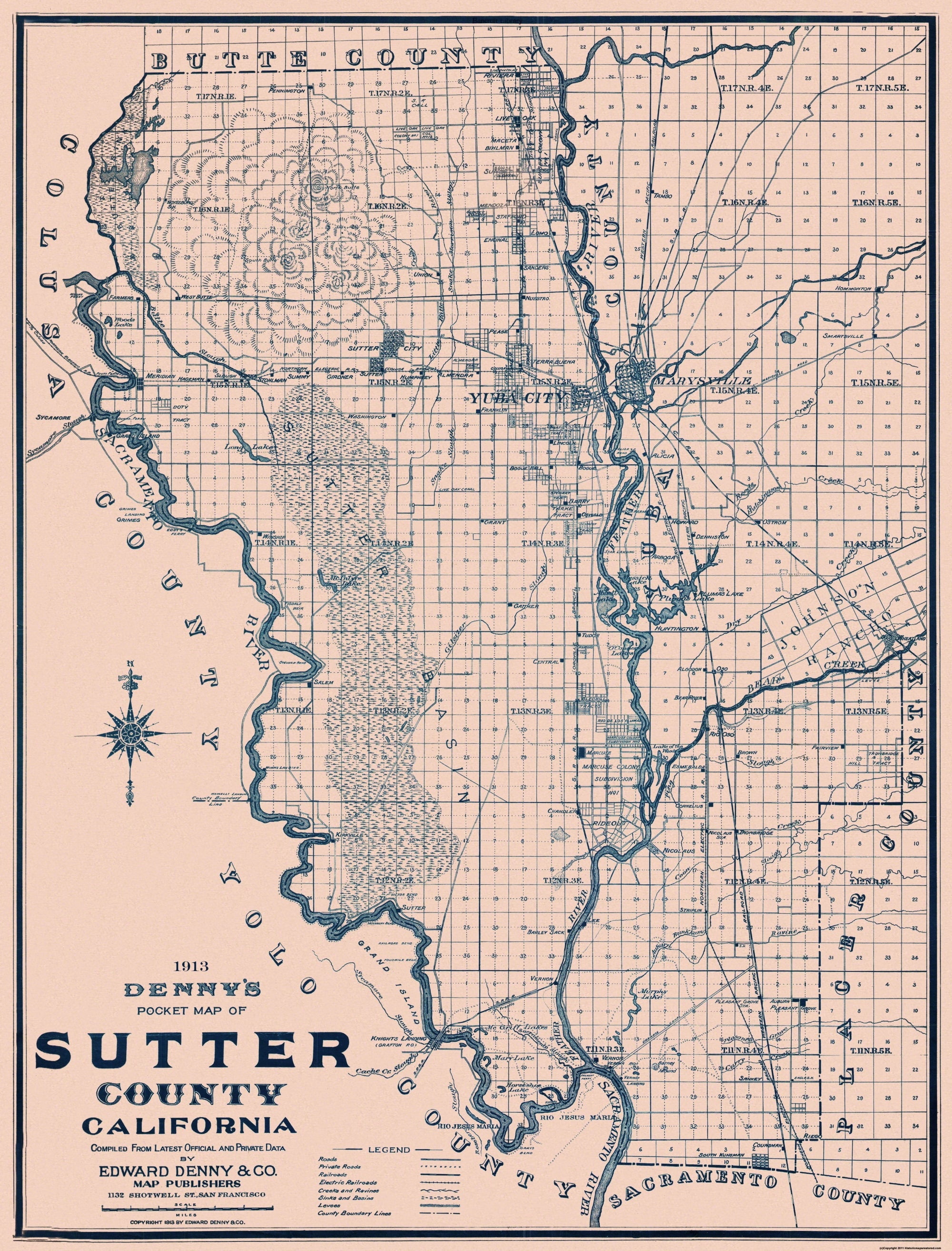 Historic County Map - Sutter County California - Denny 1913 - 23 x 30. ...