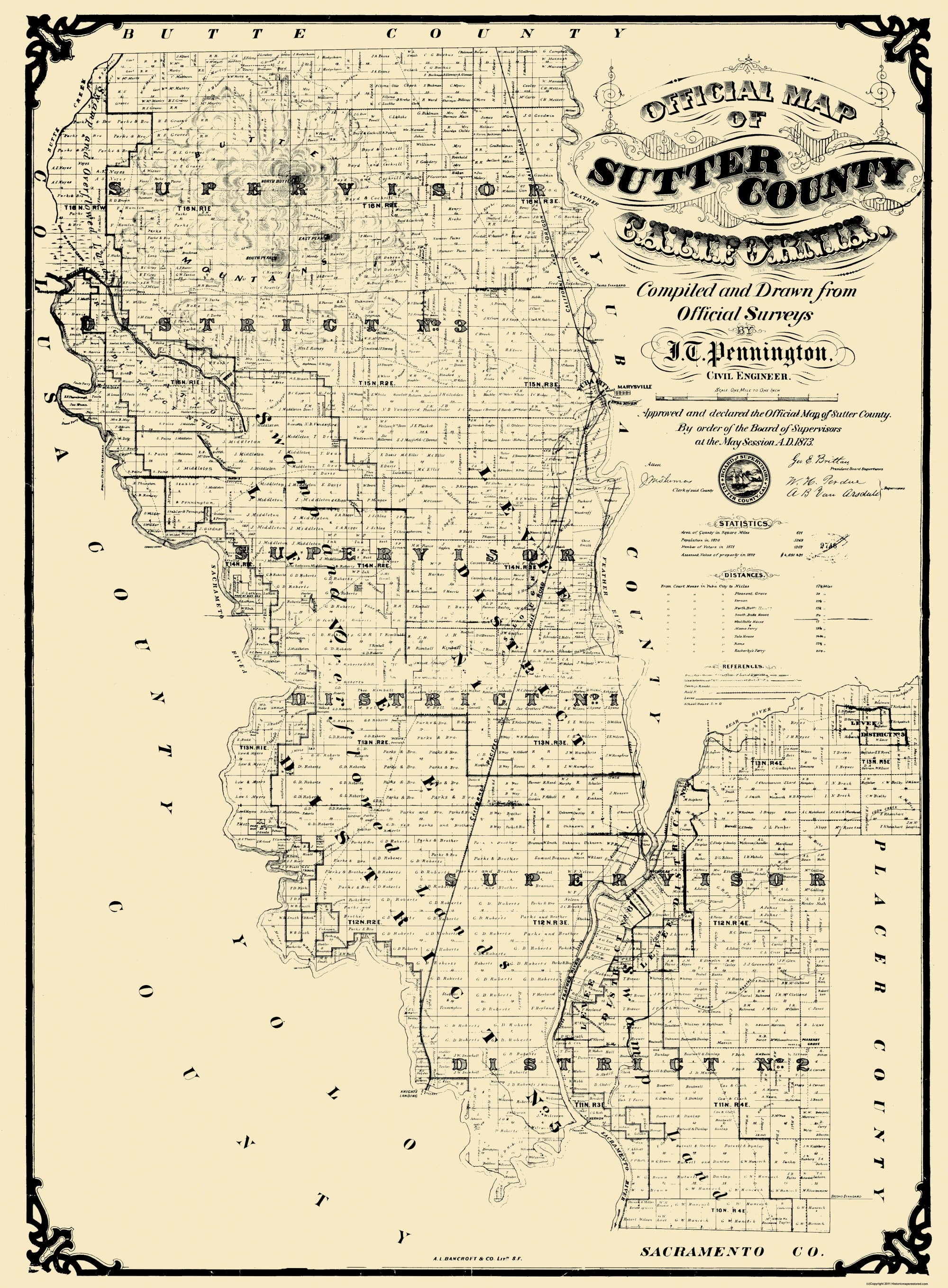 Historic County Map - Sutter County California - Pennington 1873 - 23 x ...