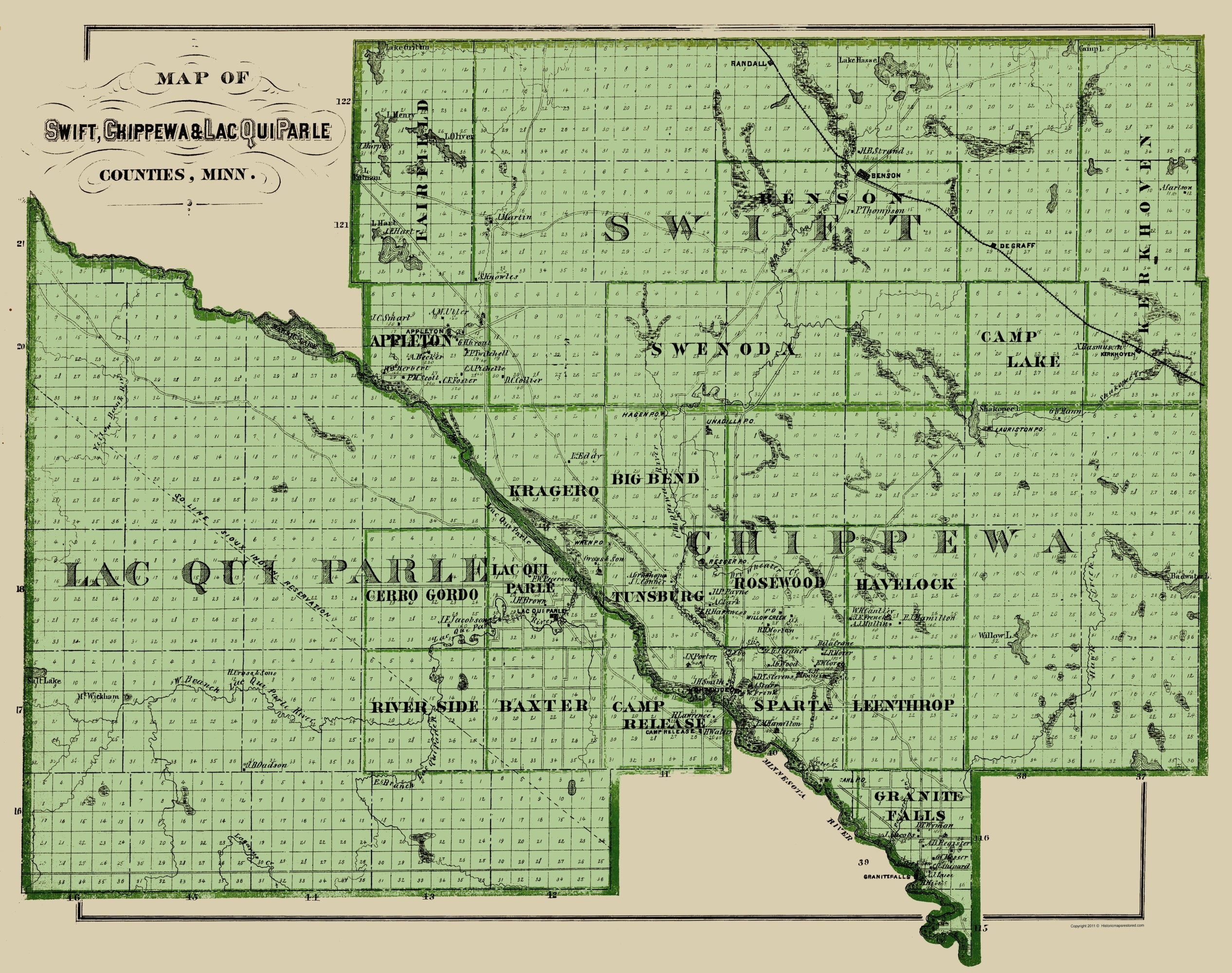 Historic County Map - Swift Chippewa Lac Qui Parle Counties Minnesota ...