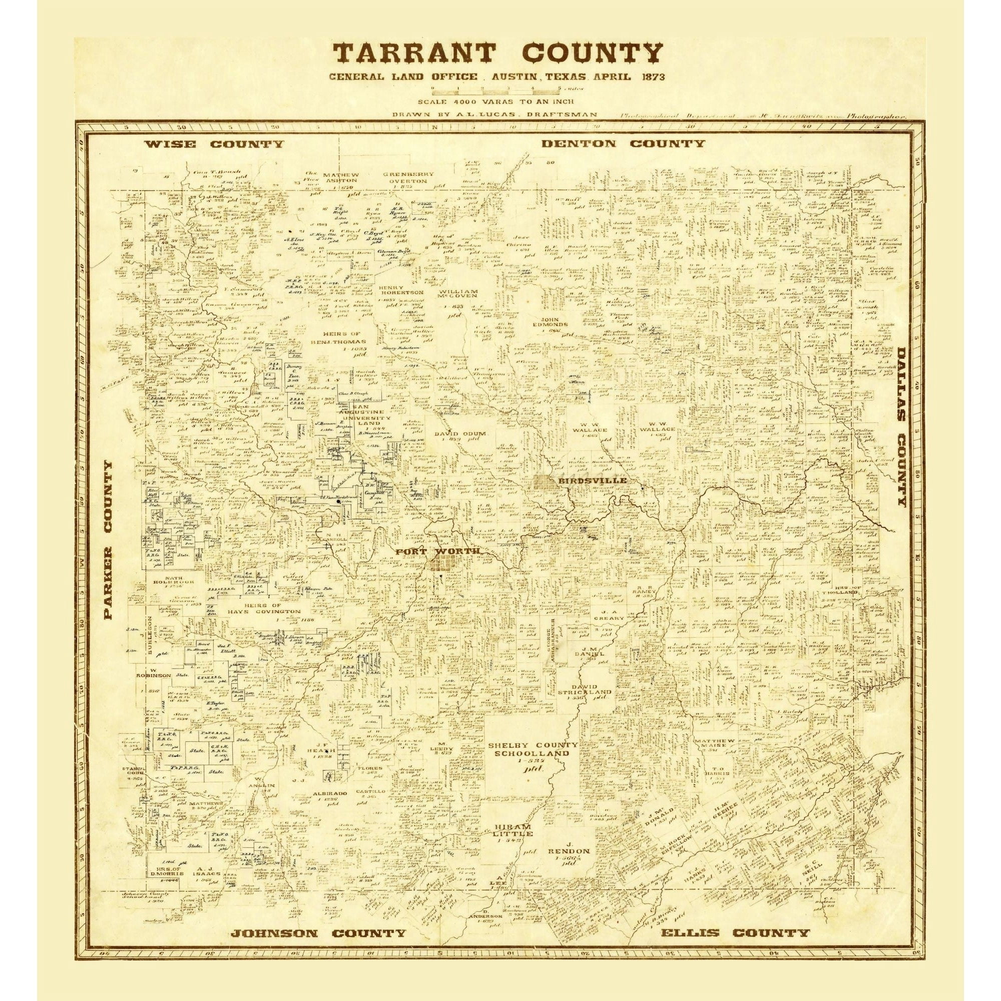 Historic County Map - Tarrant County Texas - Lucas 1873 - 23 x 24.84 ...
