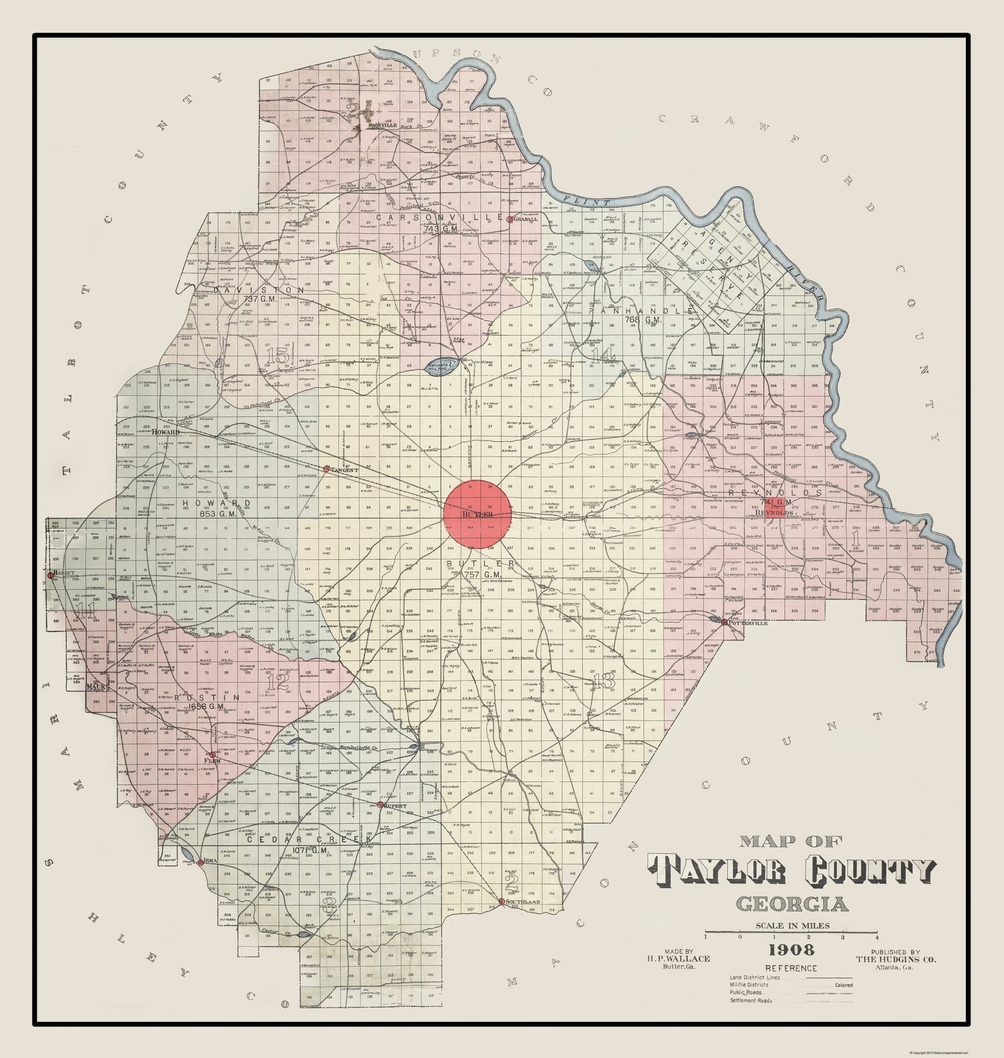 Historic County Map - Taylor County Georgia - Hudgins 1908 - Vintage ...