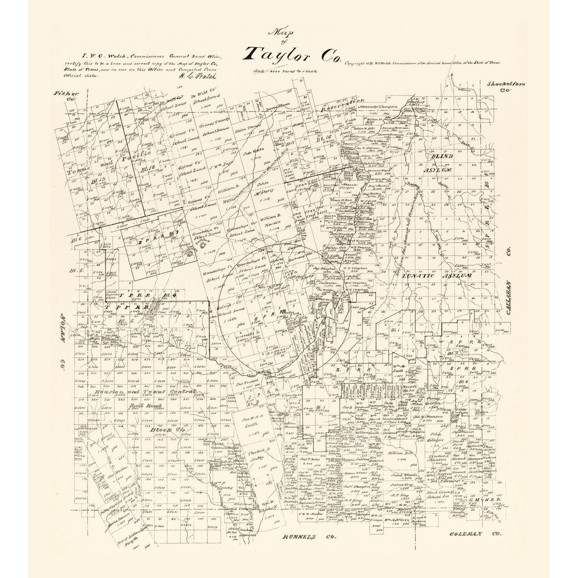 Historic County Map - Taylor County Texas - Walsh 1879 - 23 x 25.50 ...