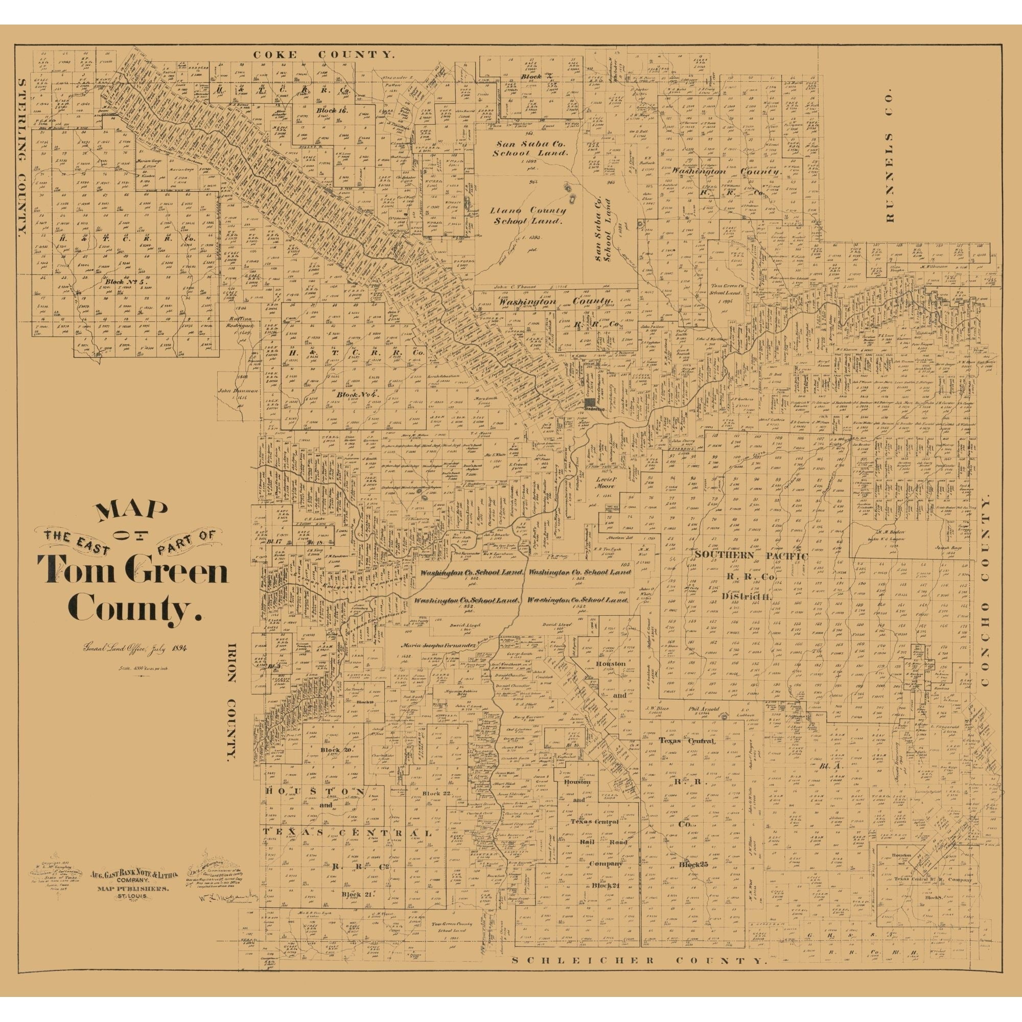 Historic County Map - Tom Green County East Texas - McGaughey 1894 ...