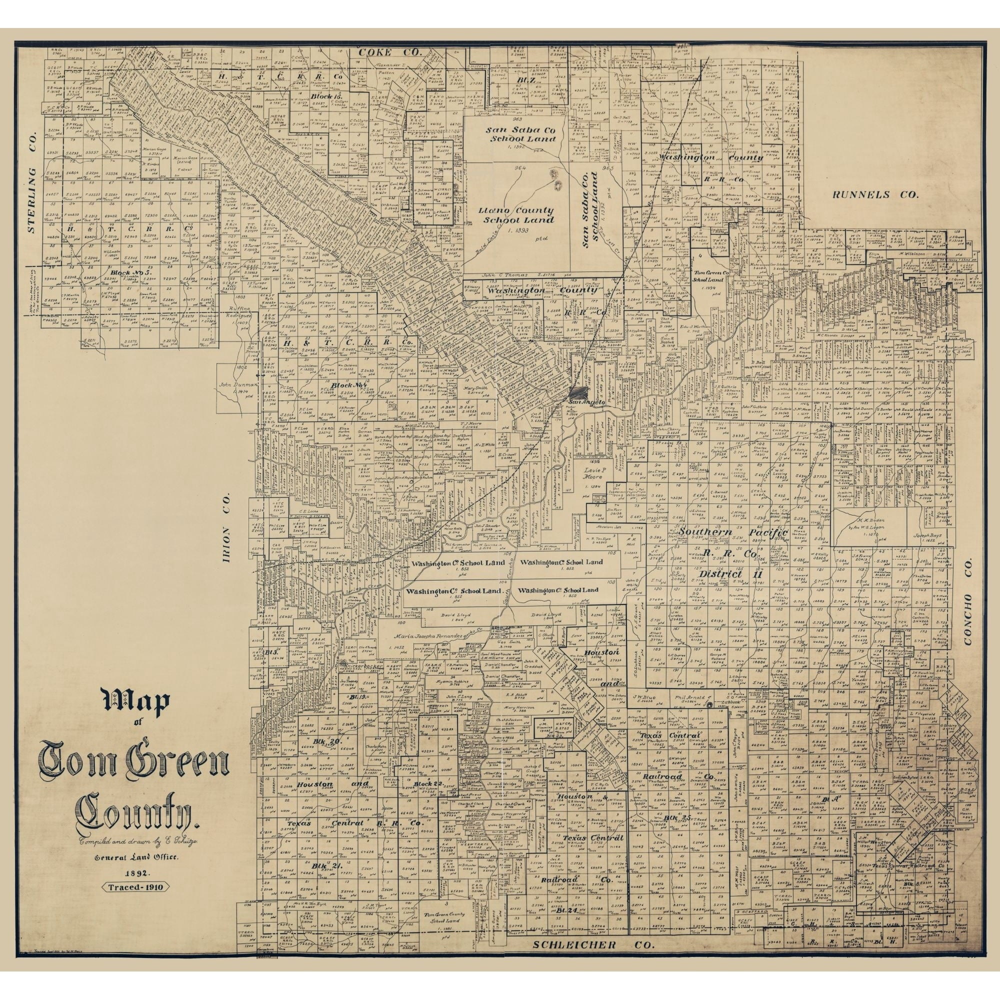 Historic County Map - Tom Green County Texas - Schutze 1892 - 24.38 x ...