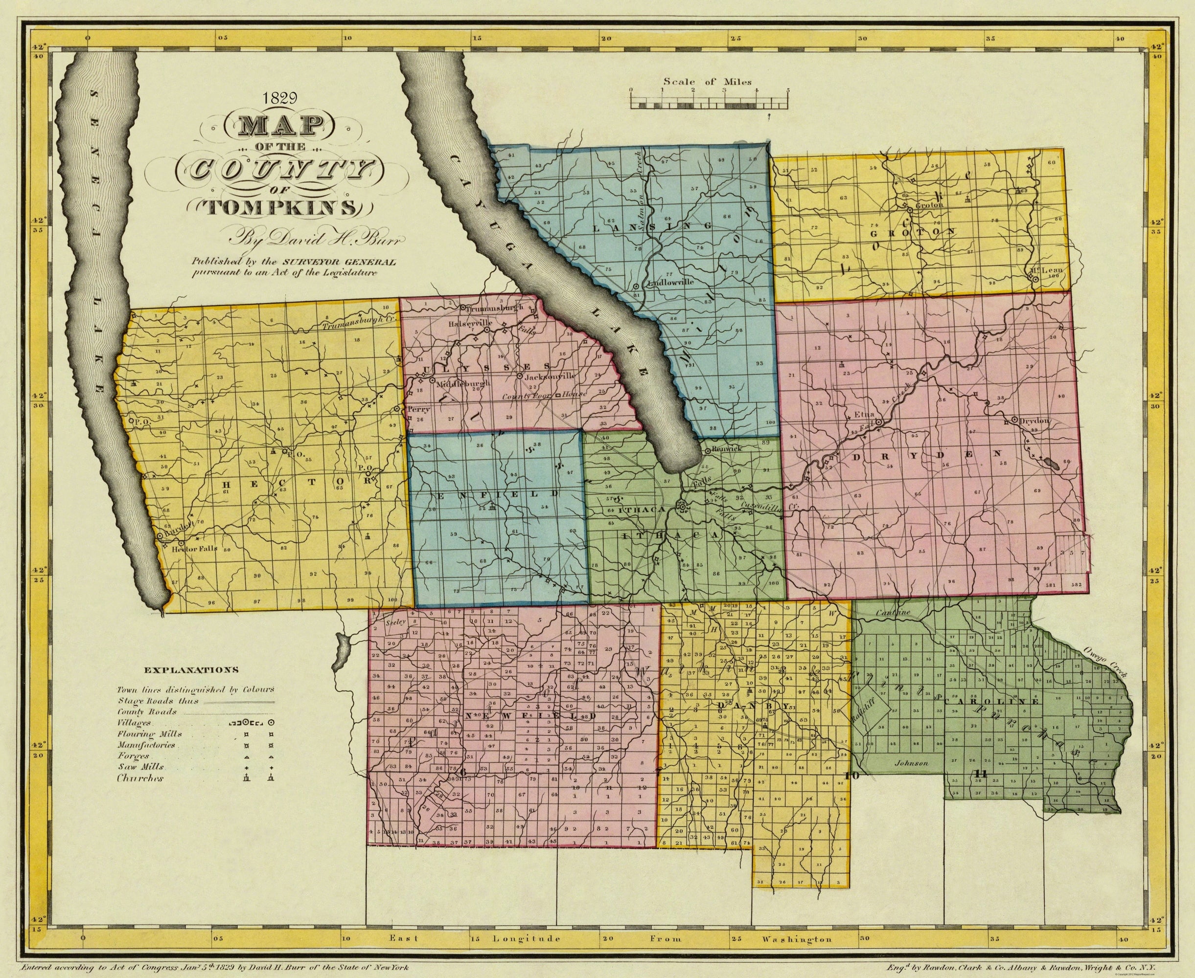 Historic County Map - Tompkins County New York - Burr 1829 - Vintage ...