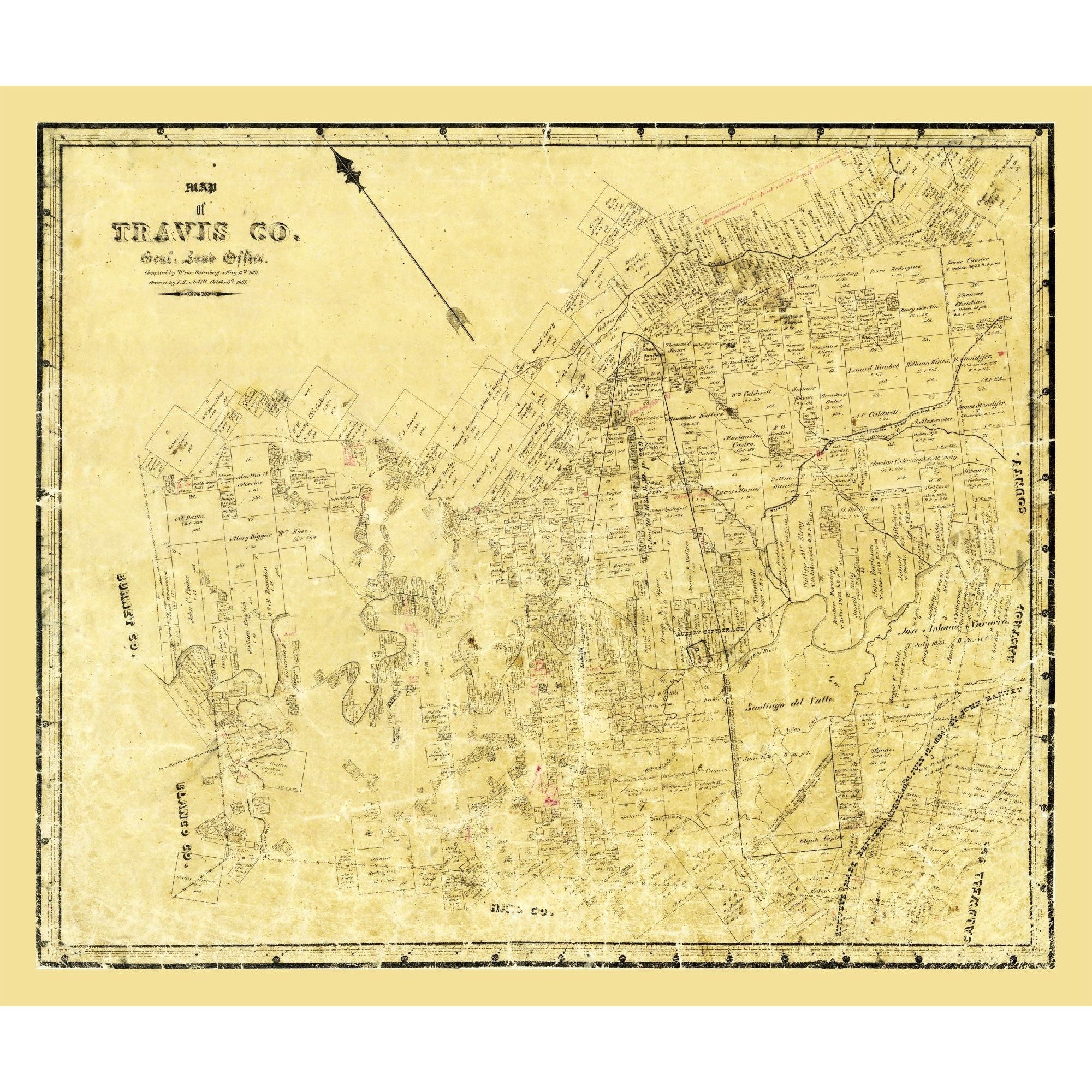Historic County Map - Travis County Texas - Rosenberg 1861 - 27.28 x 23 ...