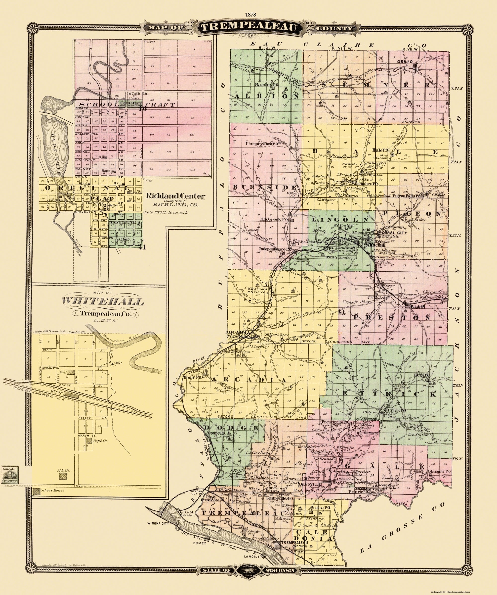 Historic County Map - Trempealeau County Wisconsin - Snyder 1878 - 23 x 27.5 - Vintage Wall Art ...