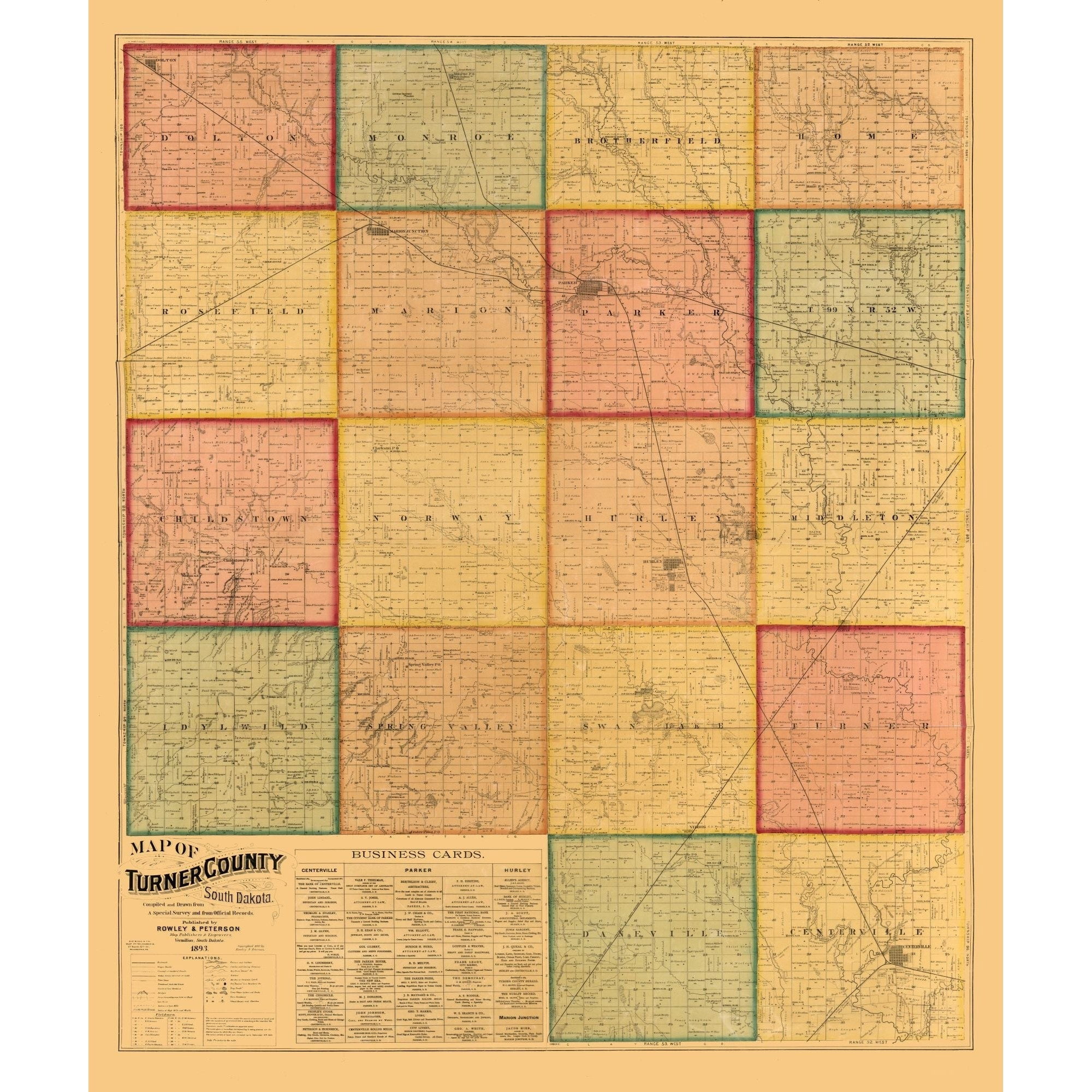 Historic County Map - Turner County South Dakota - Rowley 1893 ...